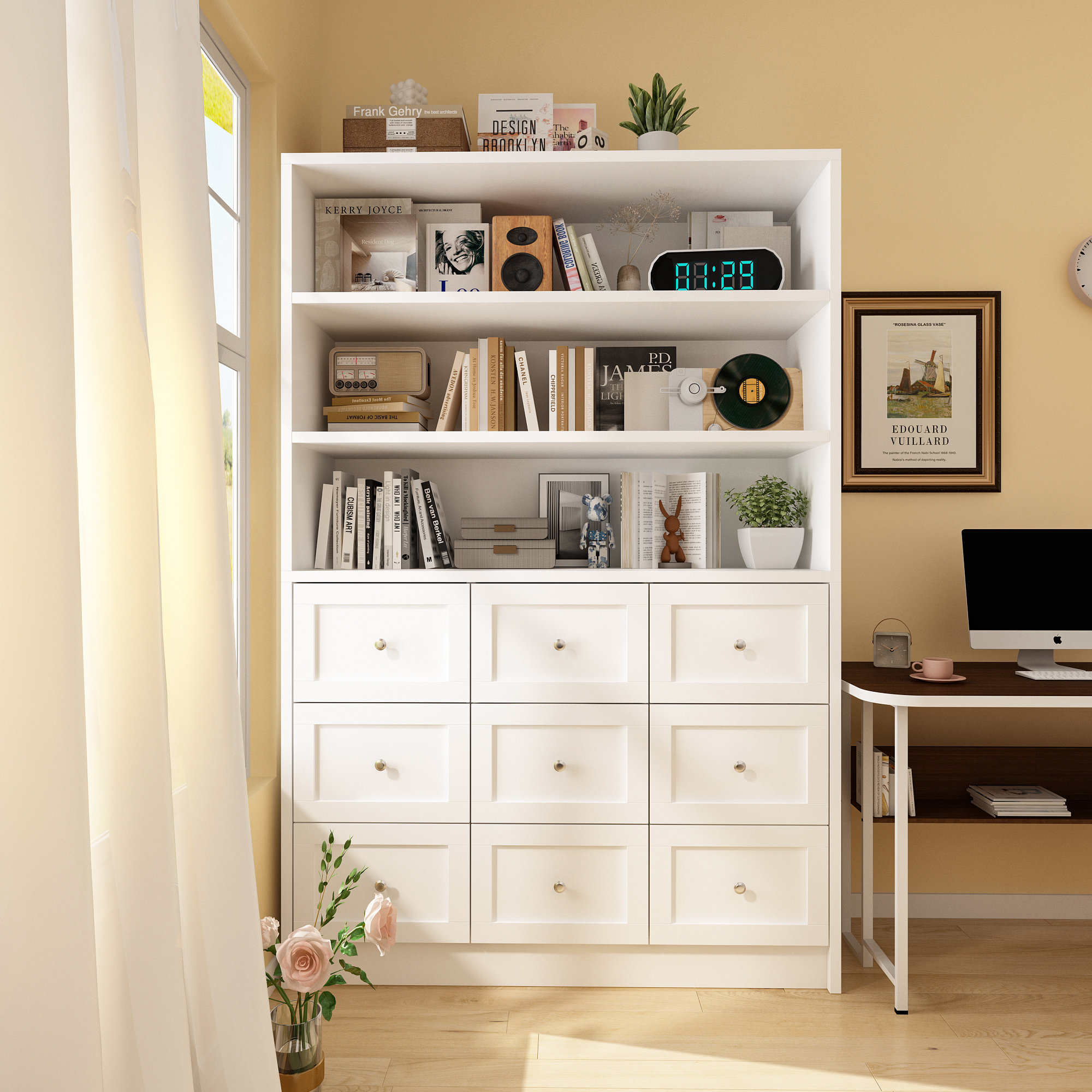 Red Barrel Studio® 71'' H X 47'' W 9-Drawer White Bookcase With 3-Layer ...