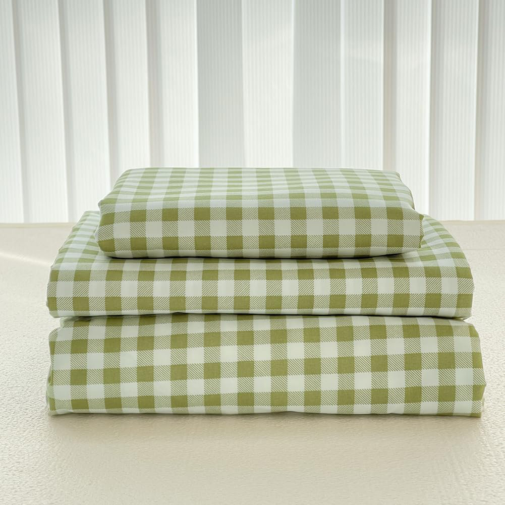 NSNLGSGC Gingham Pre-Washed Microfiber Ultra-Soft Green Plaid Sheet Set ...