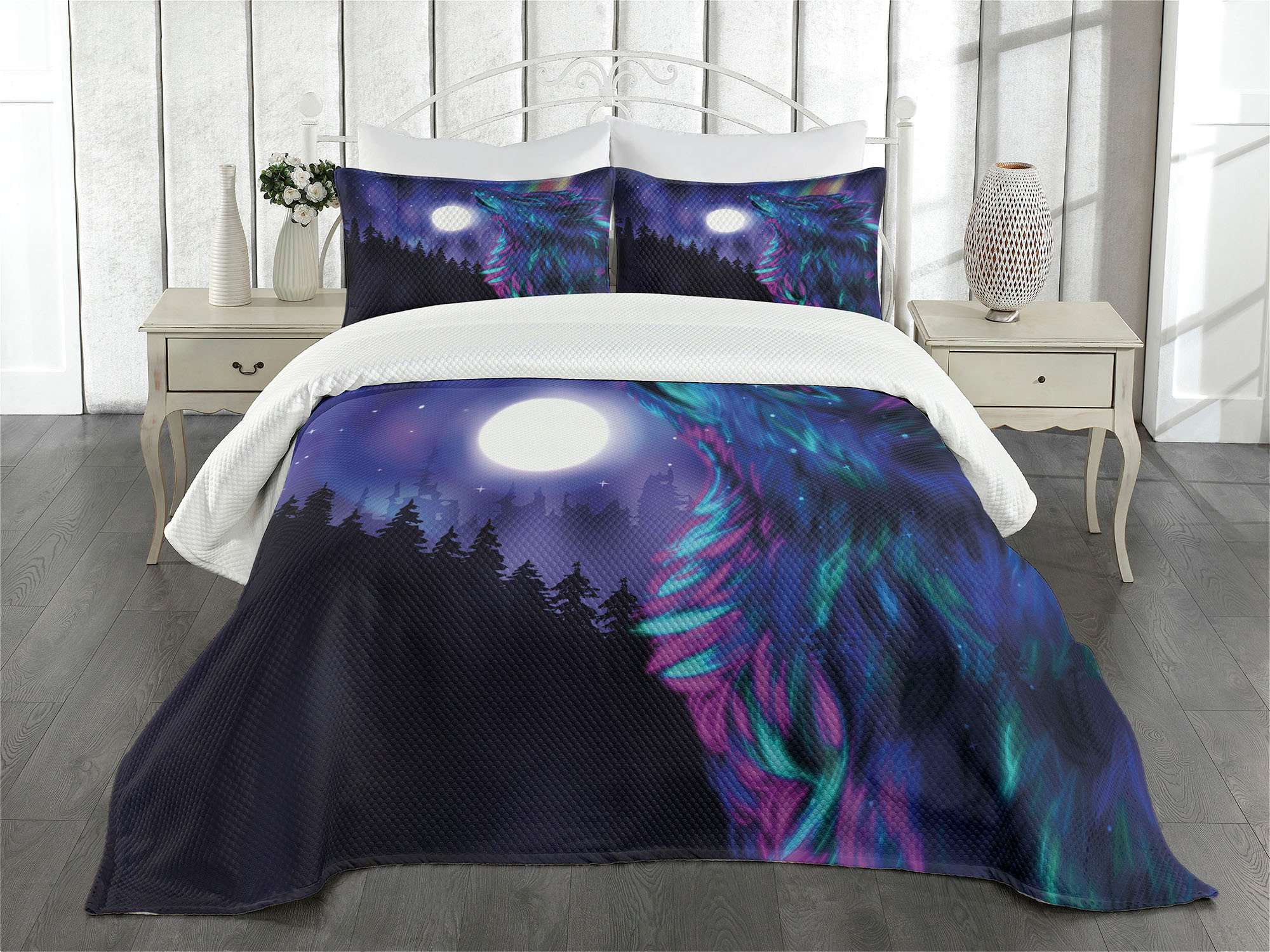 Ambesonne Moon Bedspread Set Aurora Borealis and Wolf Indigo Aqua ...