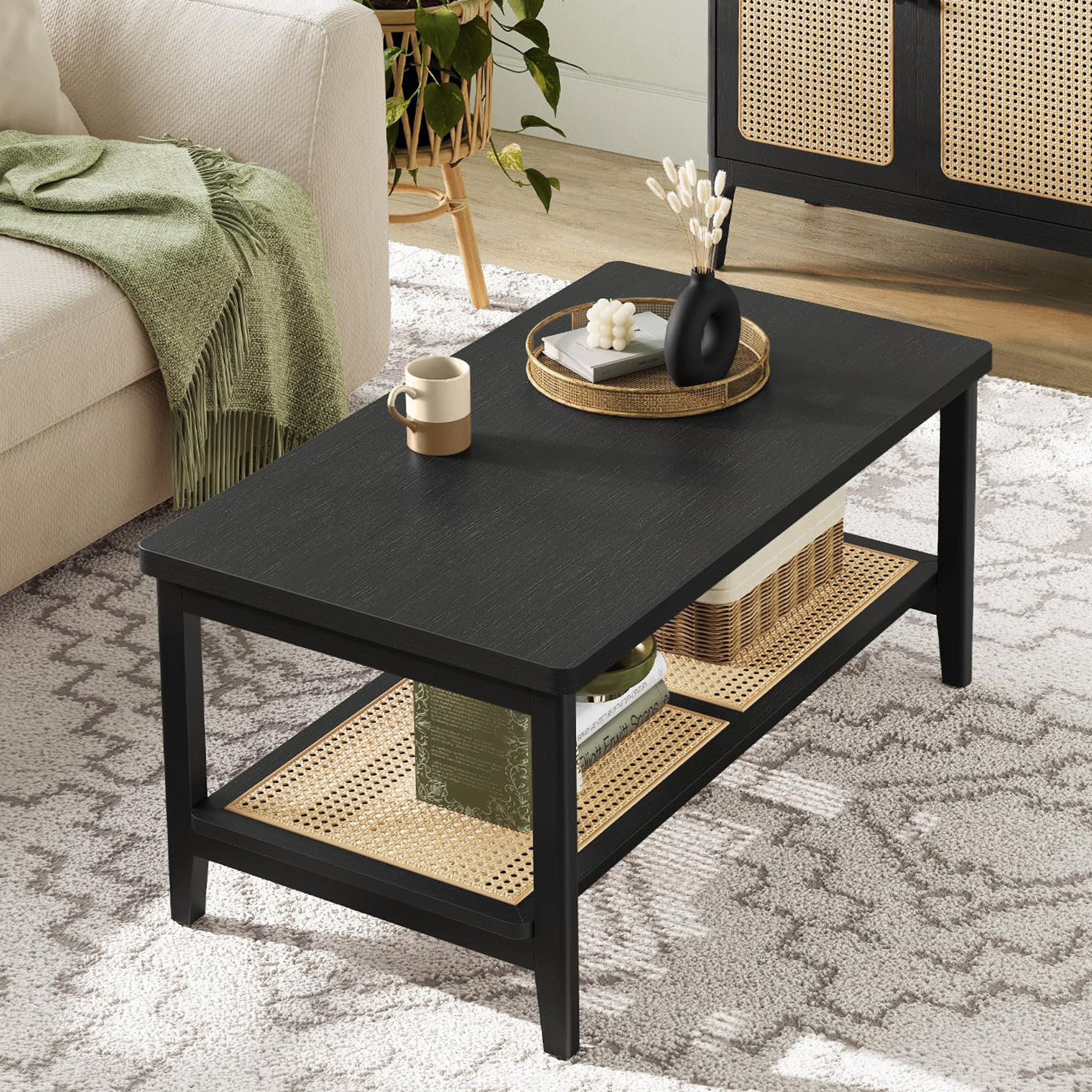 Bay Isle Home™ 2 Tier Living Room Coffee Table with PVC Rattan Storage ...
