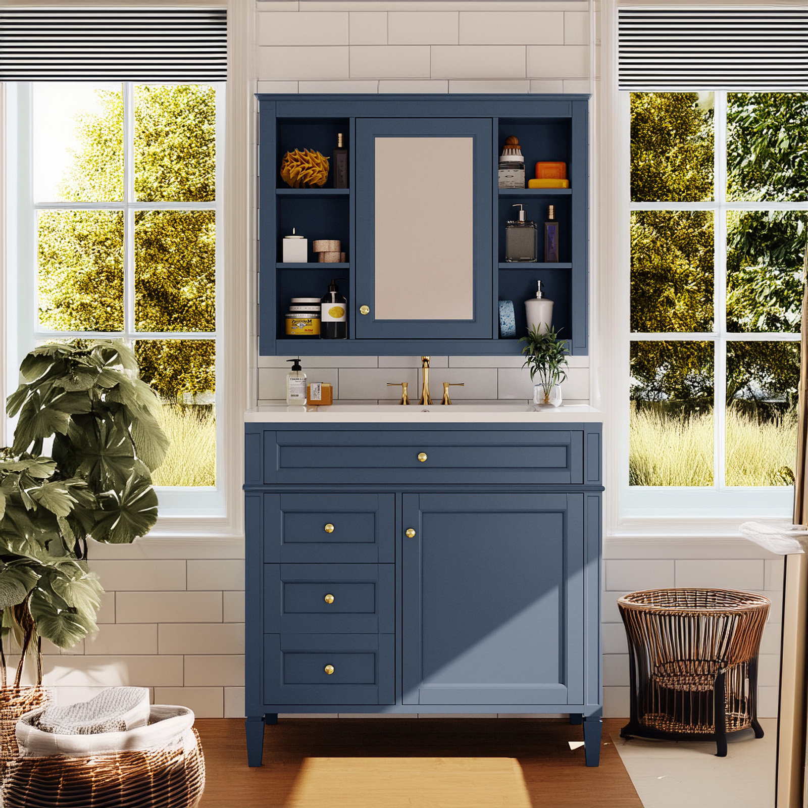 red chair Bathroom Vanity with Medicine Cabinet, 2 Doors and 4 Drawers ...