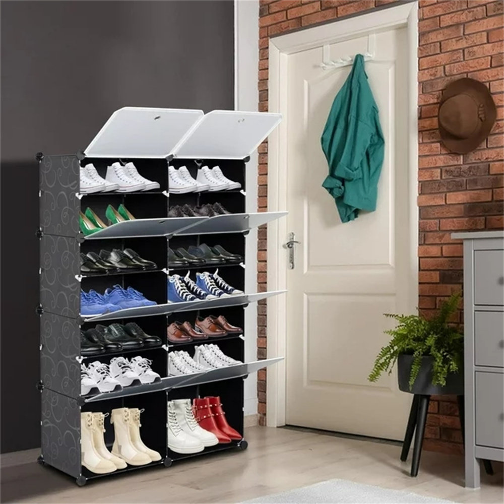 Rebrilliant 7-Tier Portable 28 Pair Shoe Rack Organizer 14 Grids Tower ...
