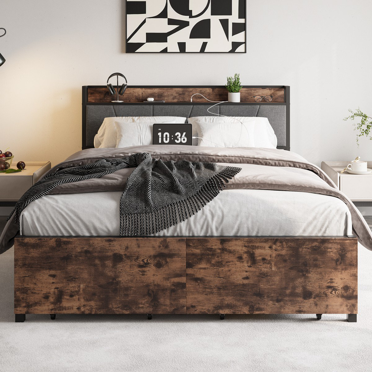 17 Stories Queen Size Brown Metal + Manufactured Wood Rectangular Bed ...