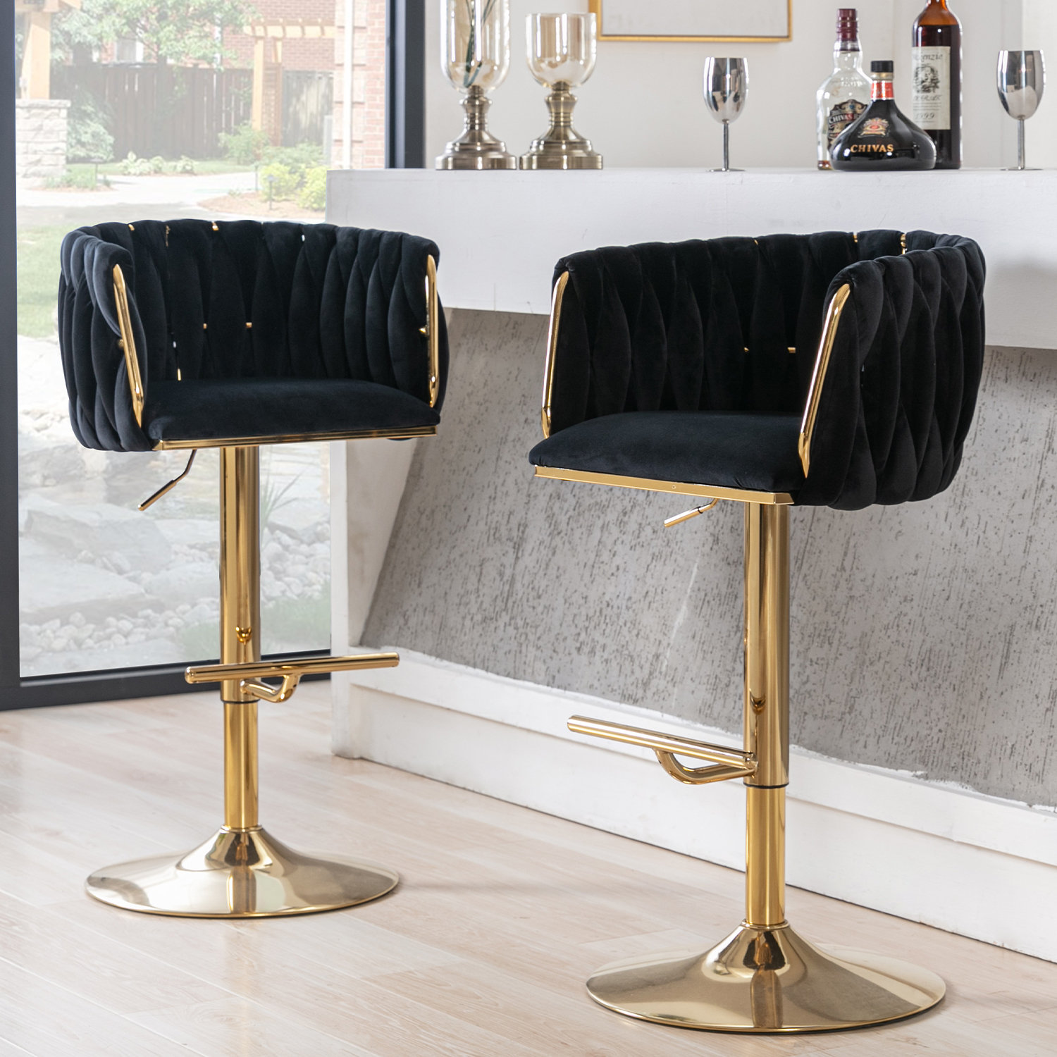 Everly Quinn Swivel Adjustable Height Bar Stool Modern Velvet Barstool ...