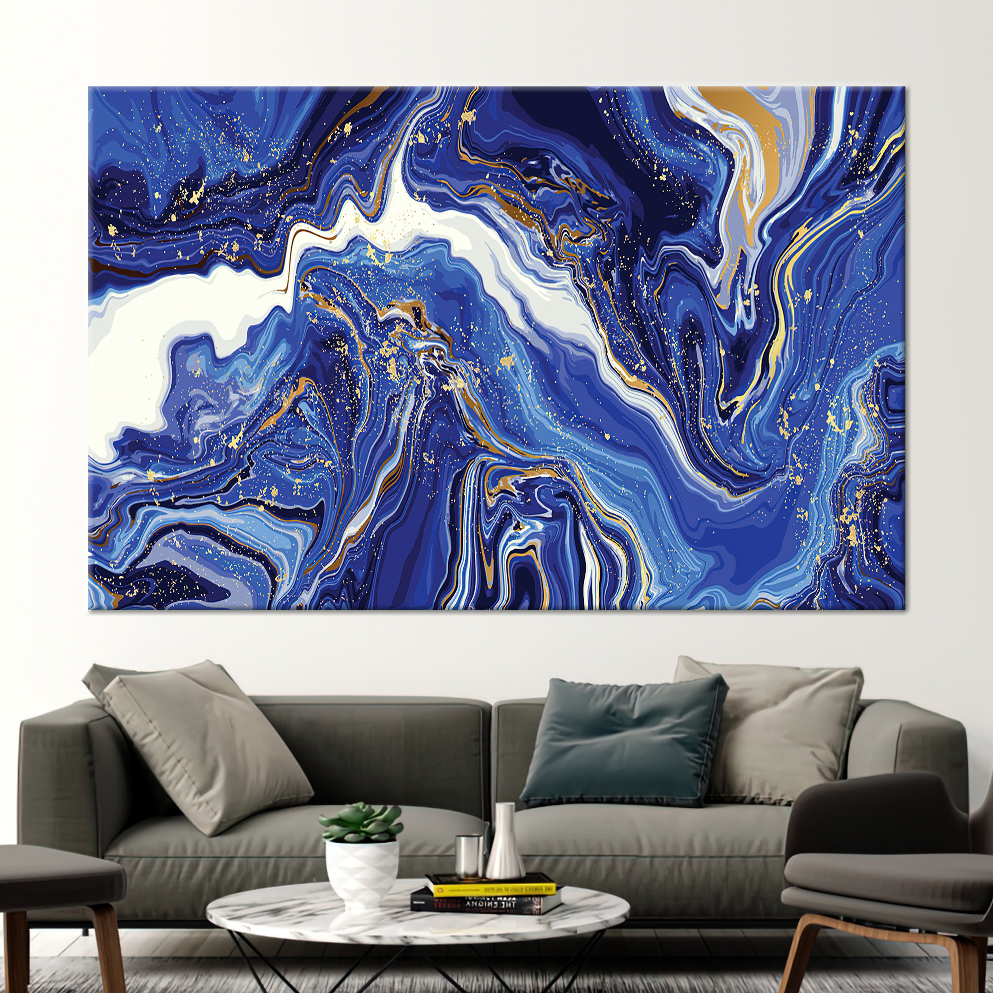 Wade Logan® Navy Blue Marble Wall Art, Gold Marble Poster, Modern Wall ...