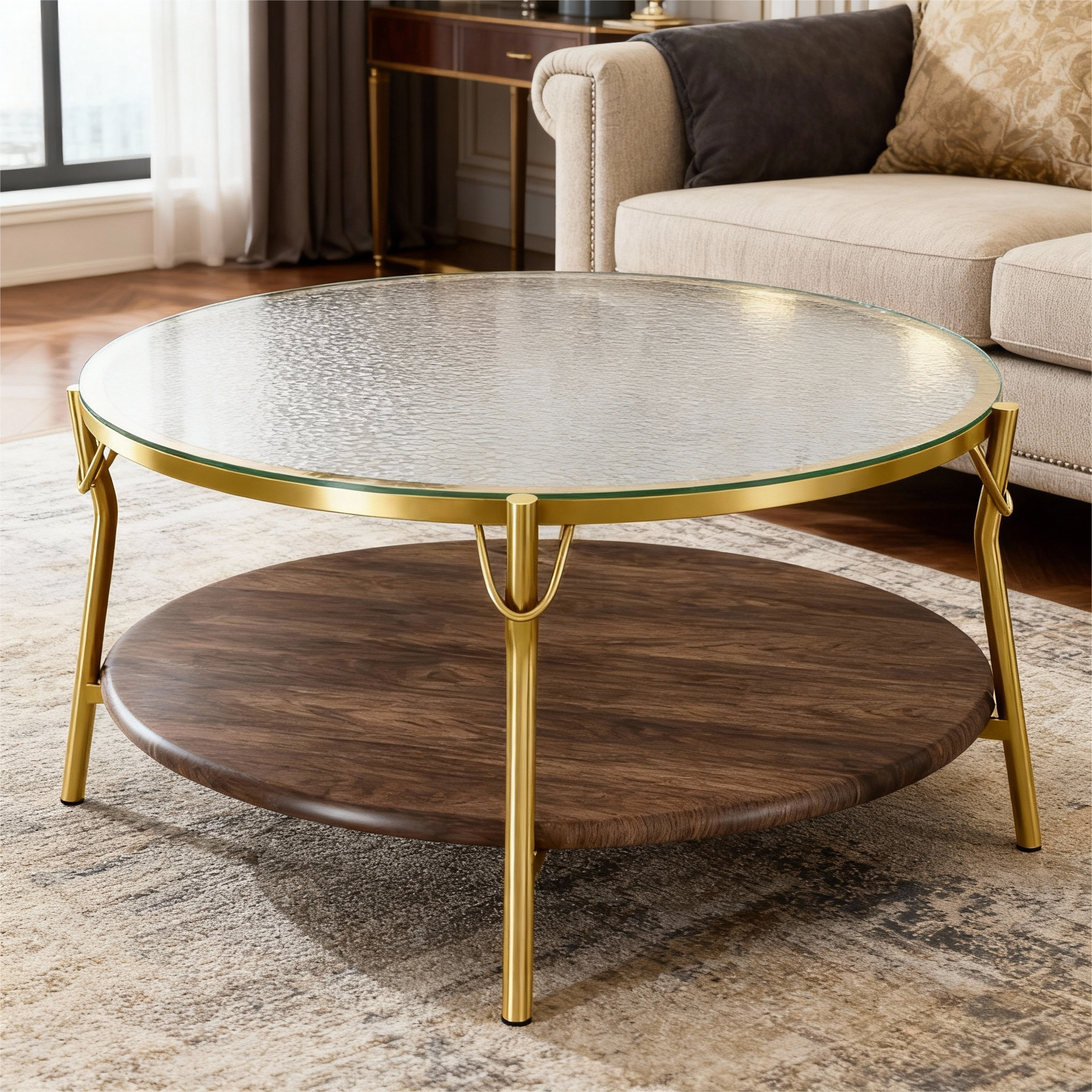 Mercer41 29.9" Round 2-Tier Coffee Table With Textured Tempered Glass ...