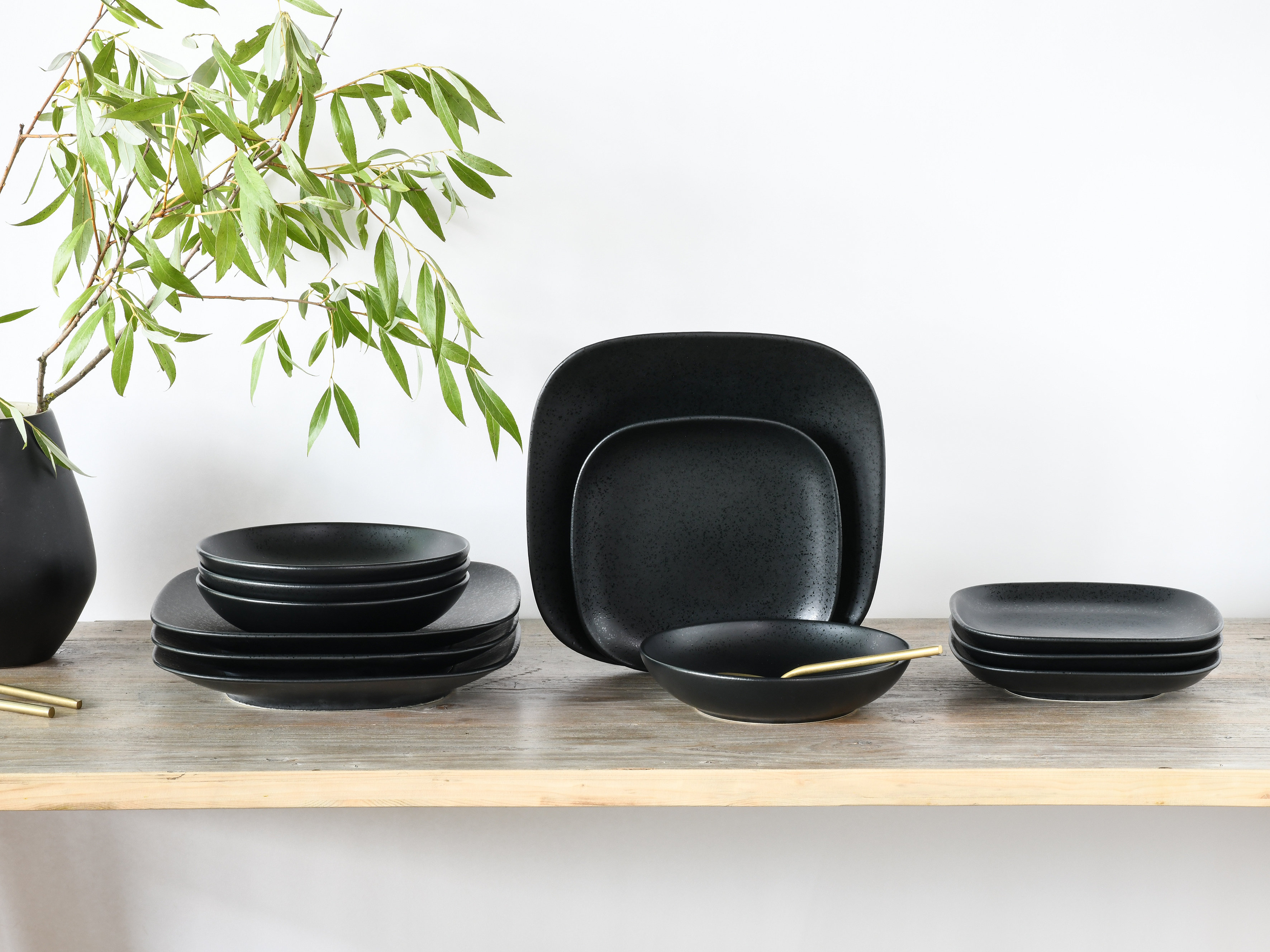 Magic Black Square 12 Piece Porcelain China Dinnerware Set Service for 4