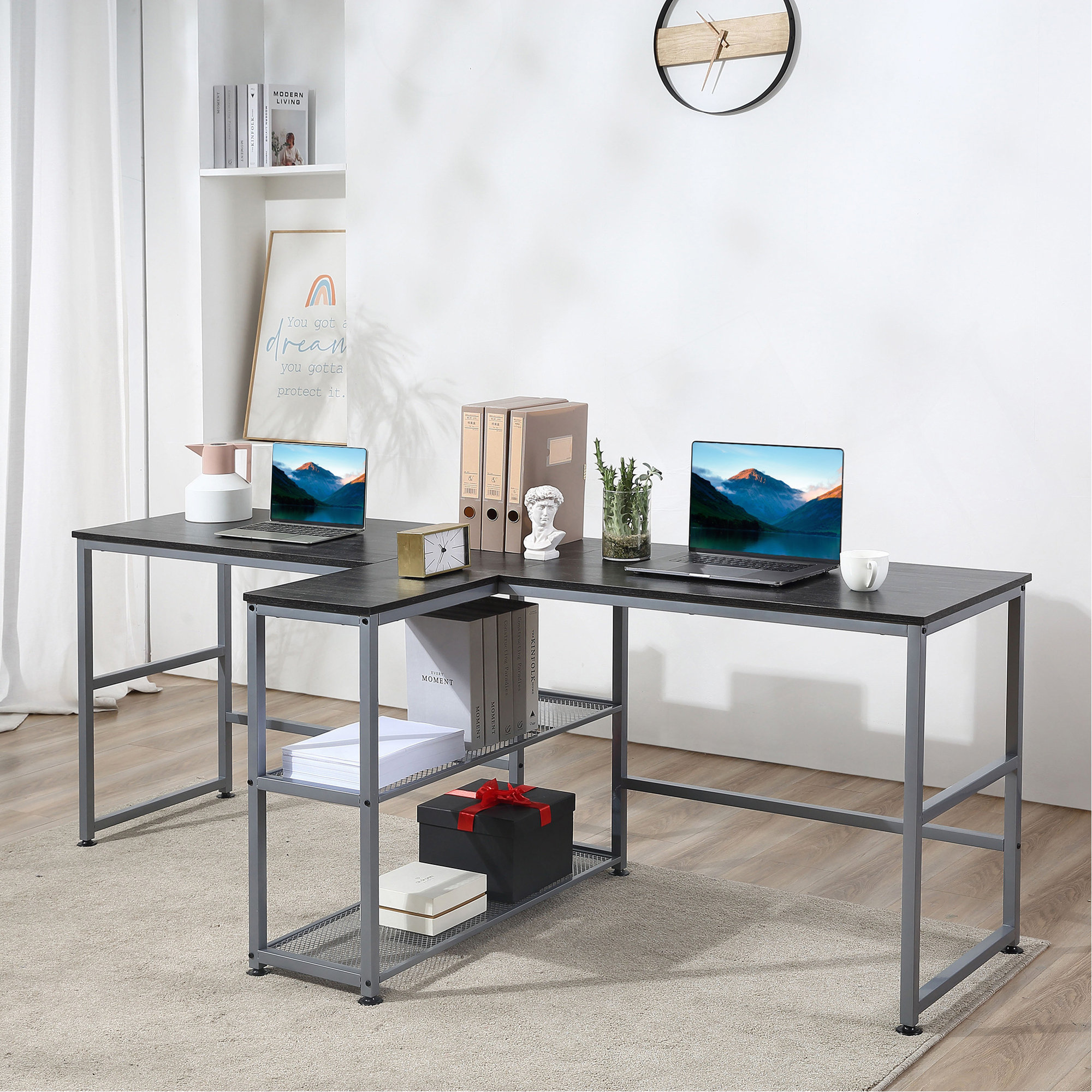 Mr Hua 83" Two Person Computer Desk With 2 Storage Shelves, Double Desk ...