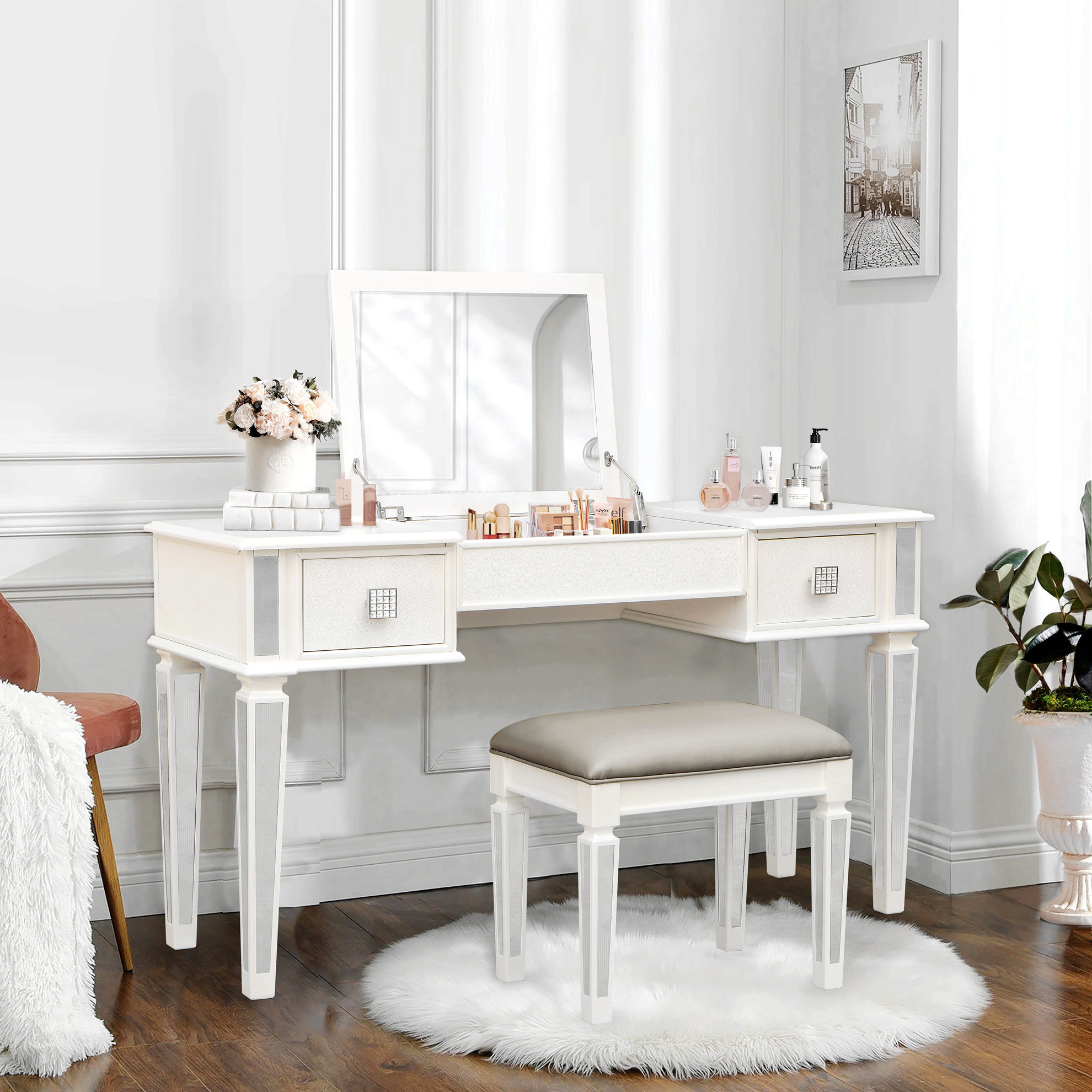Latitude Run® Mirrored Vanities Desk With Drawers, Bedroom Makeup ...