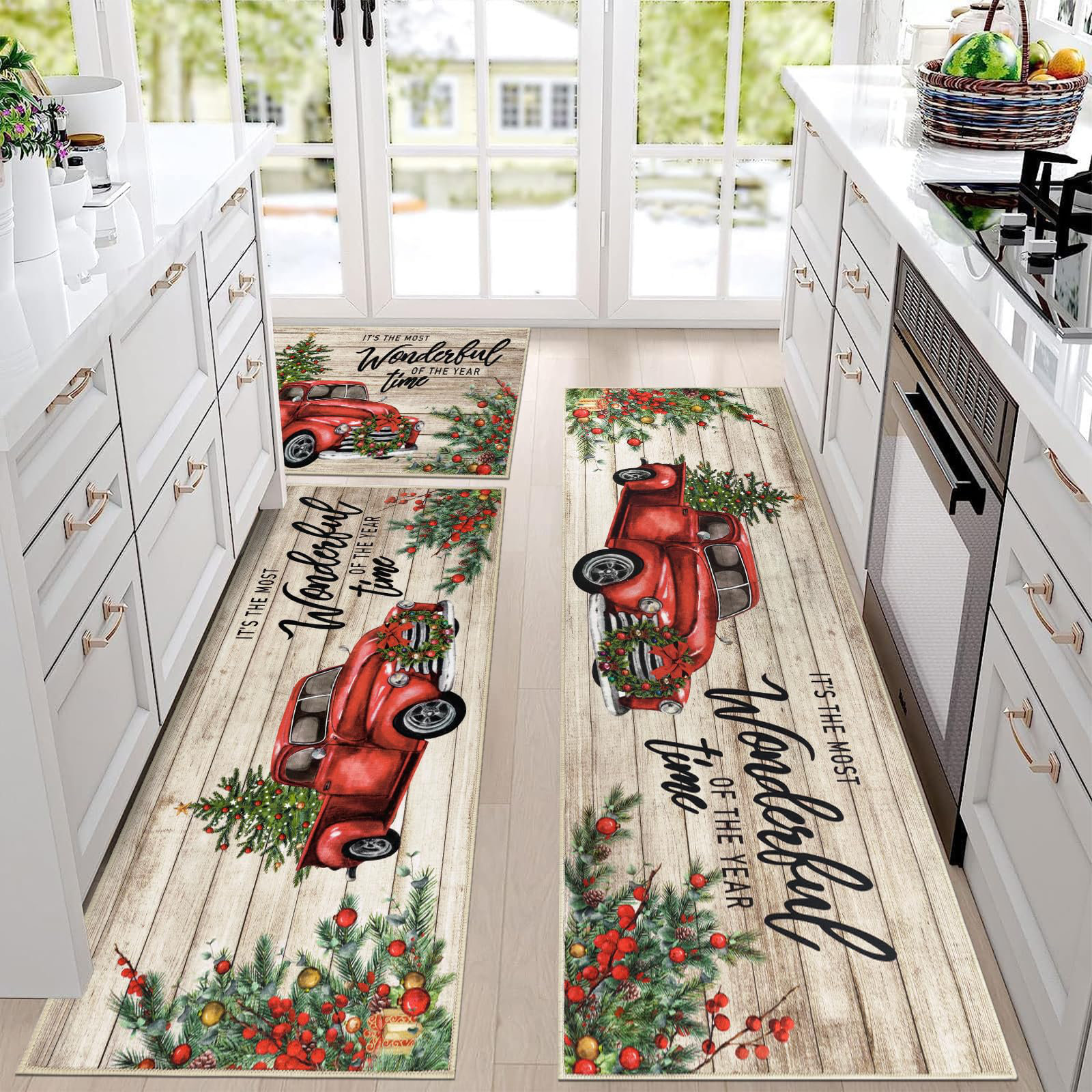 The Holiday Aisle® Christmas Washable Kitchen Rugs Sets of 3 | Wayfair