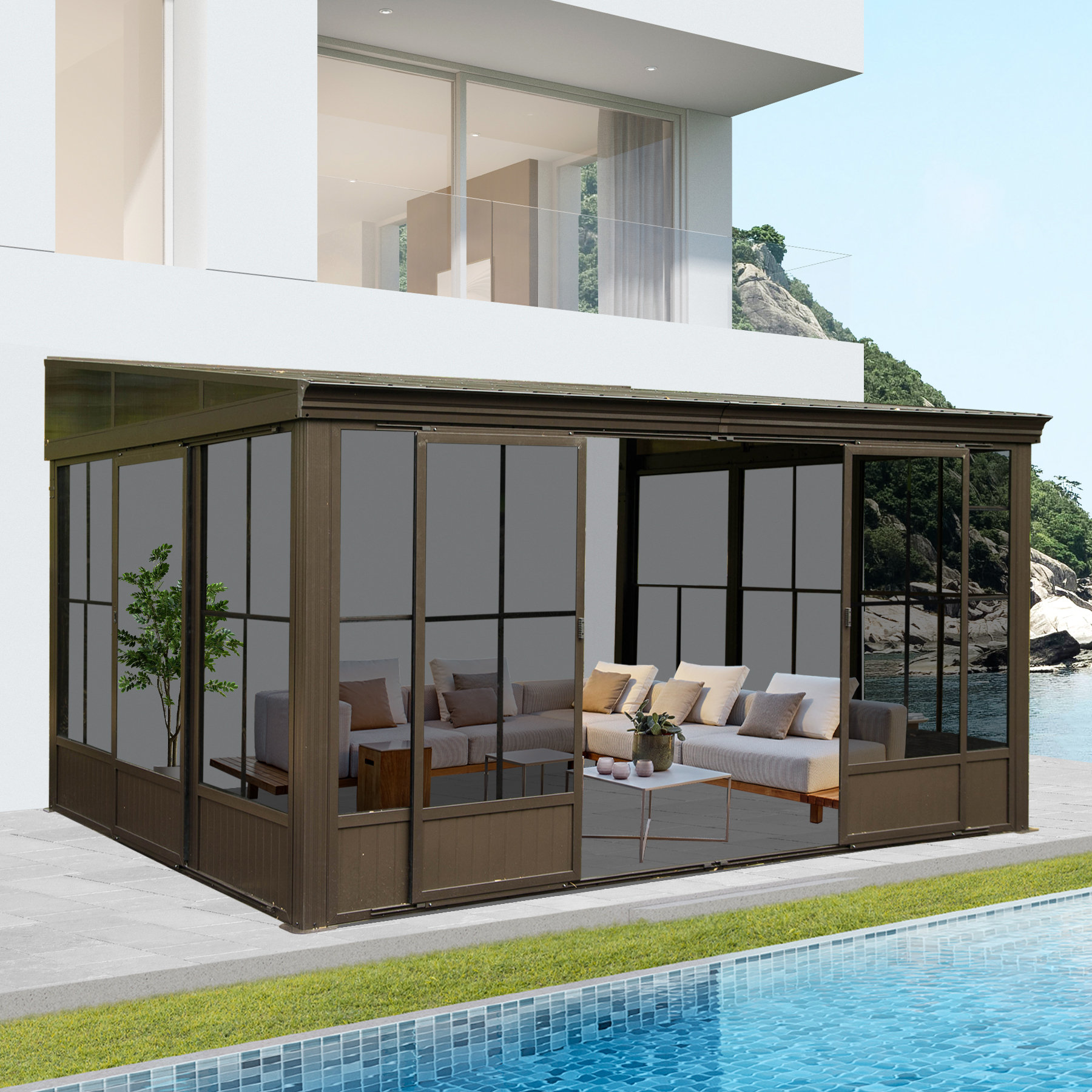 Domi Louvered 14 pi. L 12 pi. D Solarium de jardin mural en aluminium ...