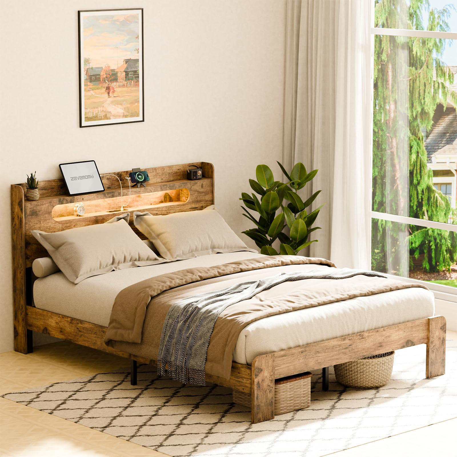 Millwood Pines Bed Frame Queen Size with LED Lights and USB Ports, Metal Frame with Headboard ...