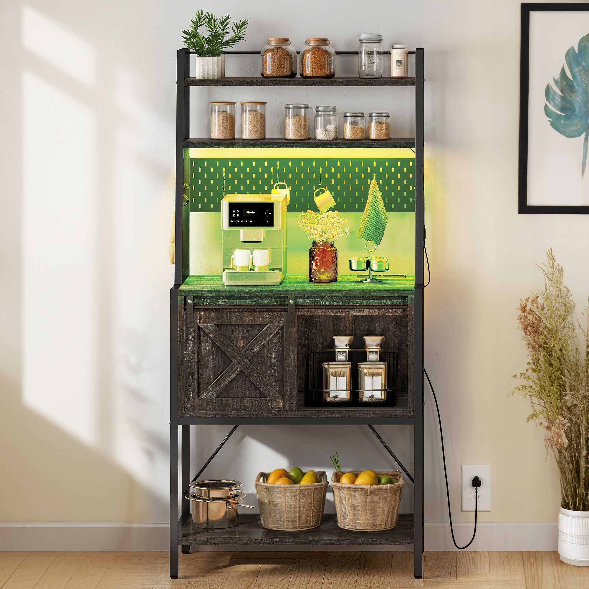 Gracie Oaks Rustic Oak Kitchen Baker’s Rack with Power Outlet and LED ...