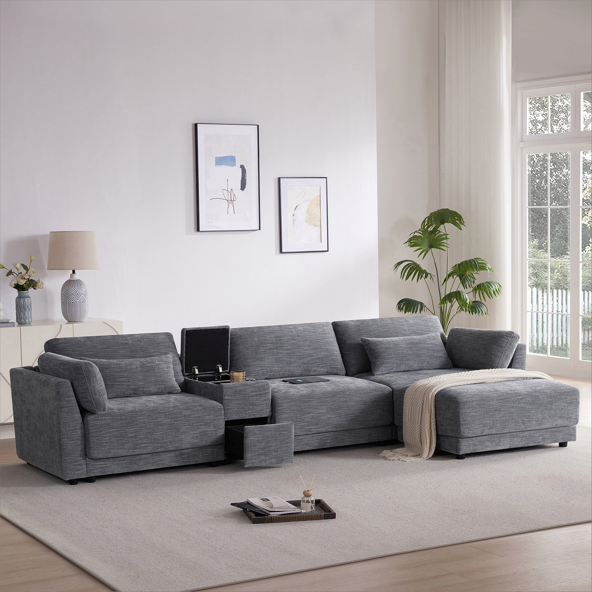 Latitude Run® 124'' L-Shaped Sectional Sofa with Multi-Functional ...