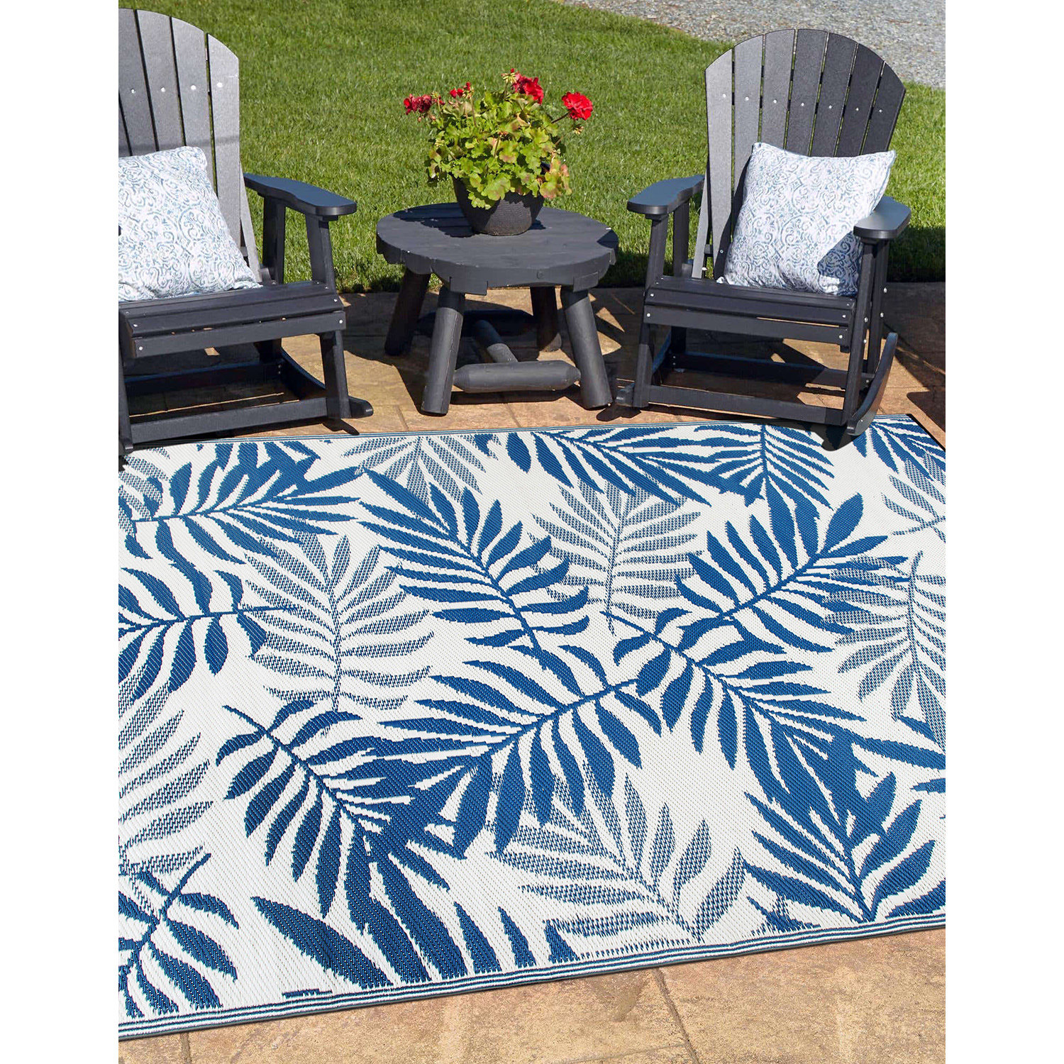 Winston Porter Ramveer Leaves Navy/Ivory Reversible Indoor/Outdoor Area ...