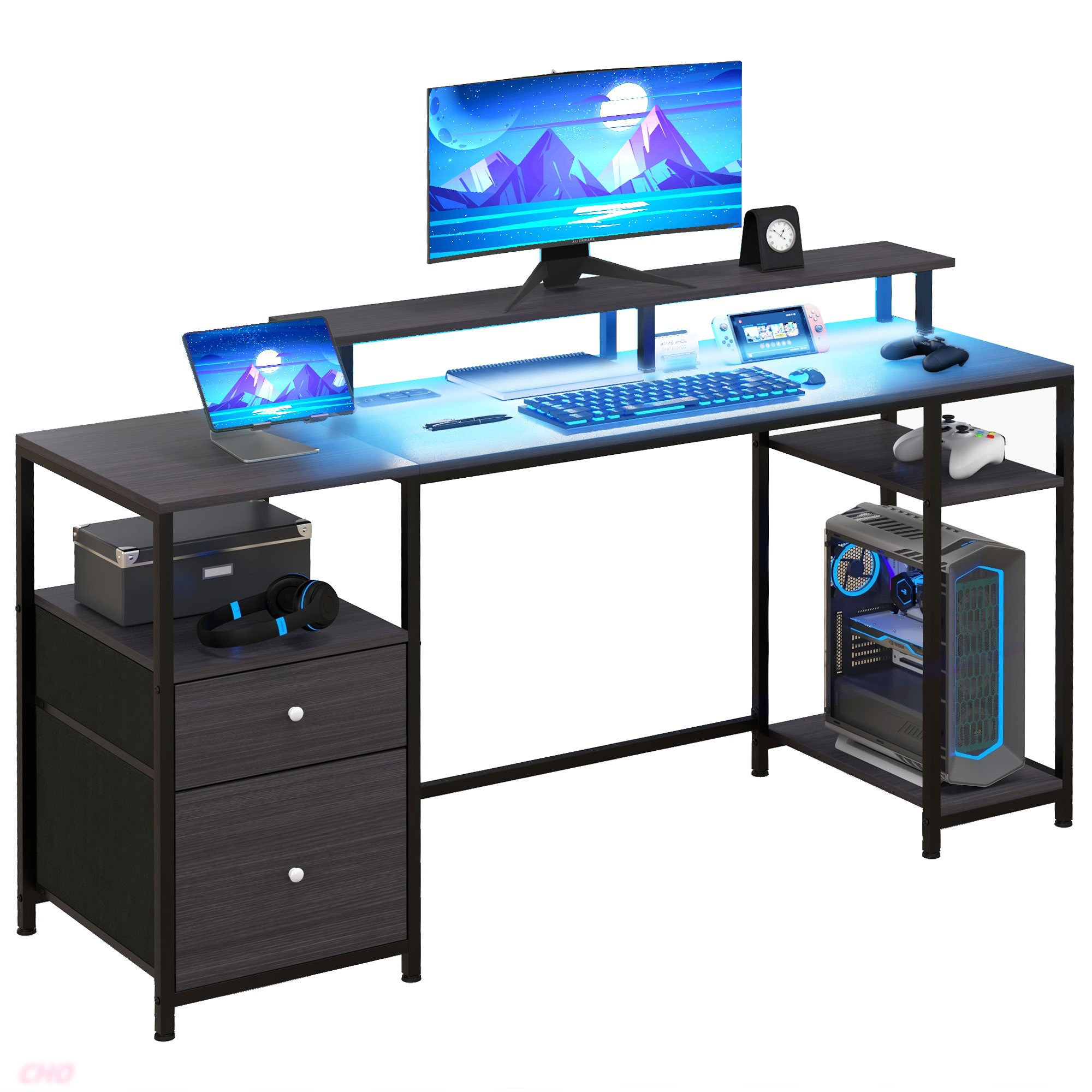George Oliver 61" Computer Desk With LED Lights, Power Outlets, And USB ...
