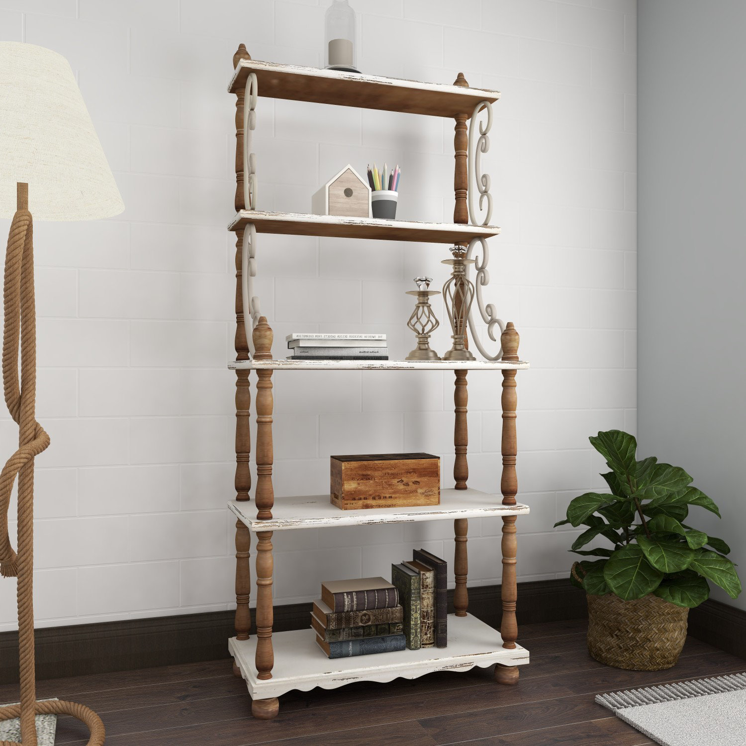 August Grove Baring White Wood 5 Shelves Scroll Shelving Unit with ...