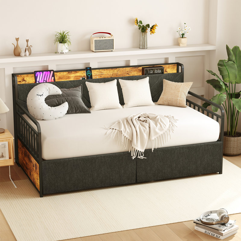 17 Stories Twin LED Daybed with Pop Up Trundle & Charging Station | Wayfair