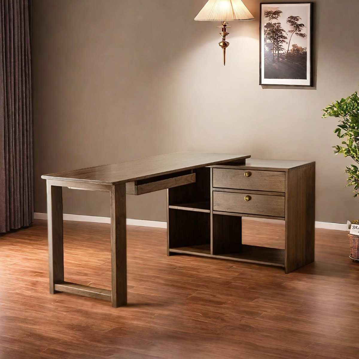 Hokku Designs Modern Minimalist L-Shaped Desk in Walnut | Wayfair