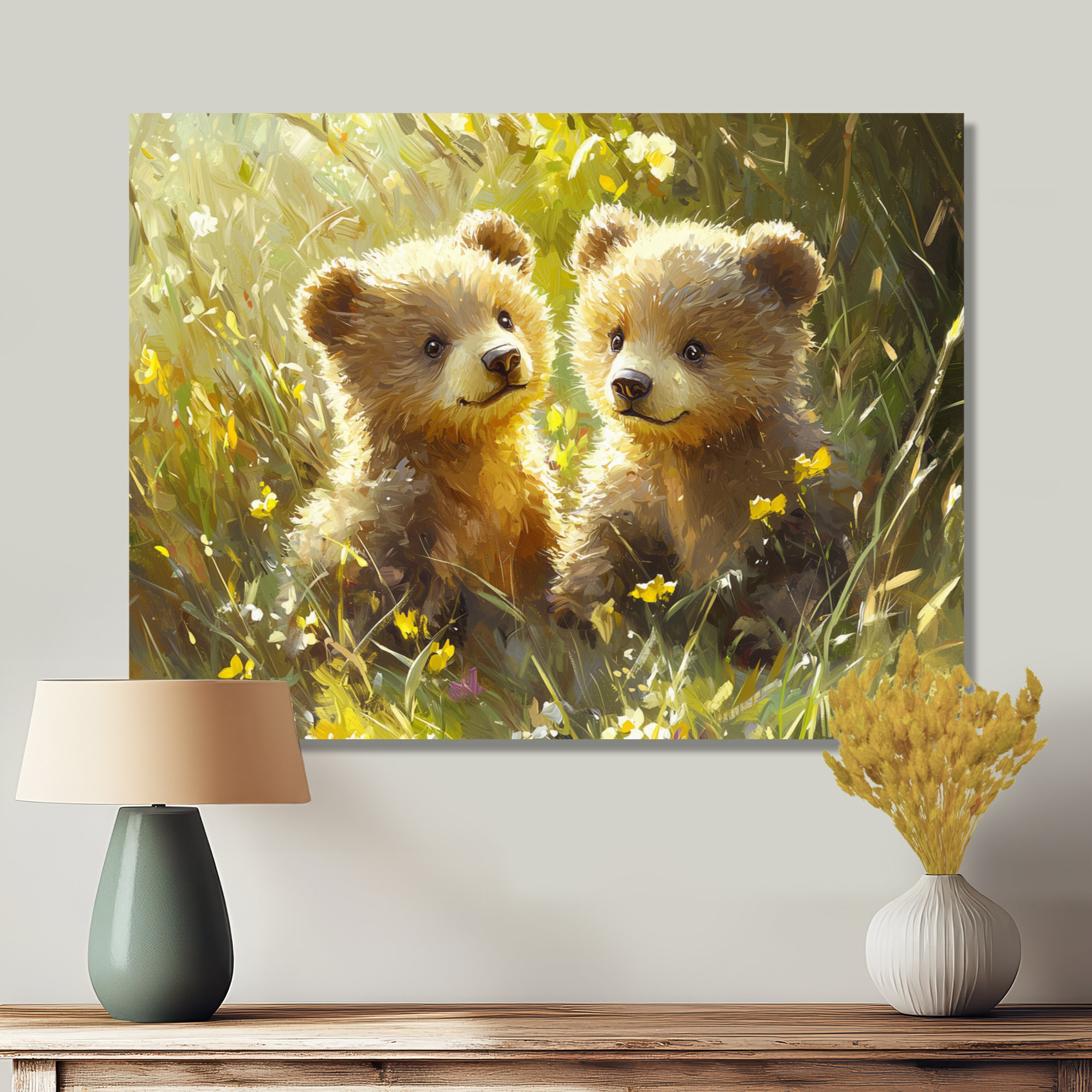 Ivy Bronx Bear Cubs Playing In The Meadow - Modern Metal Art Print ...