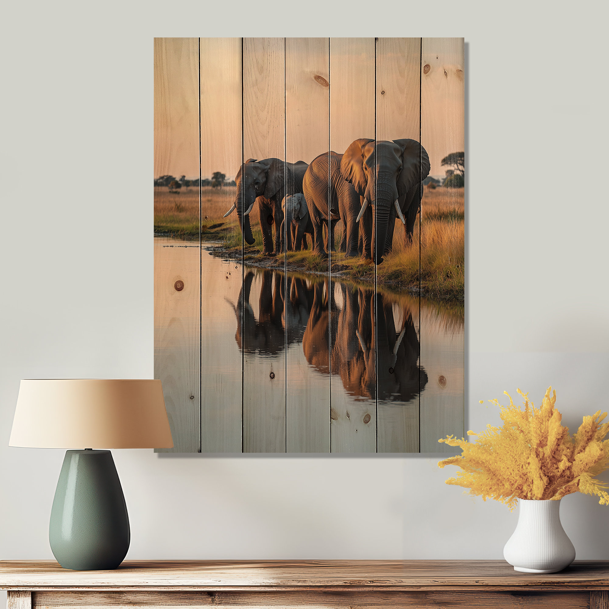 Ophelia & Co. African Elephants By The River I - Elephant Animal Wood ...