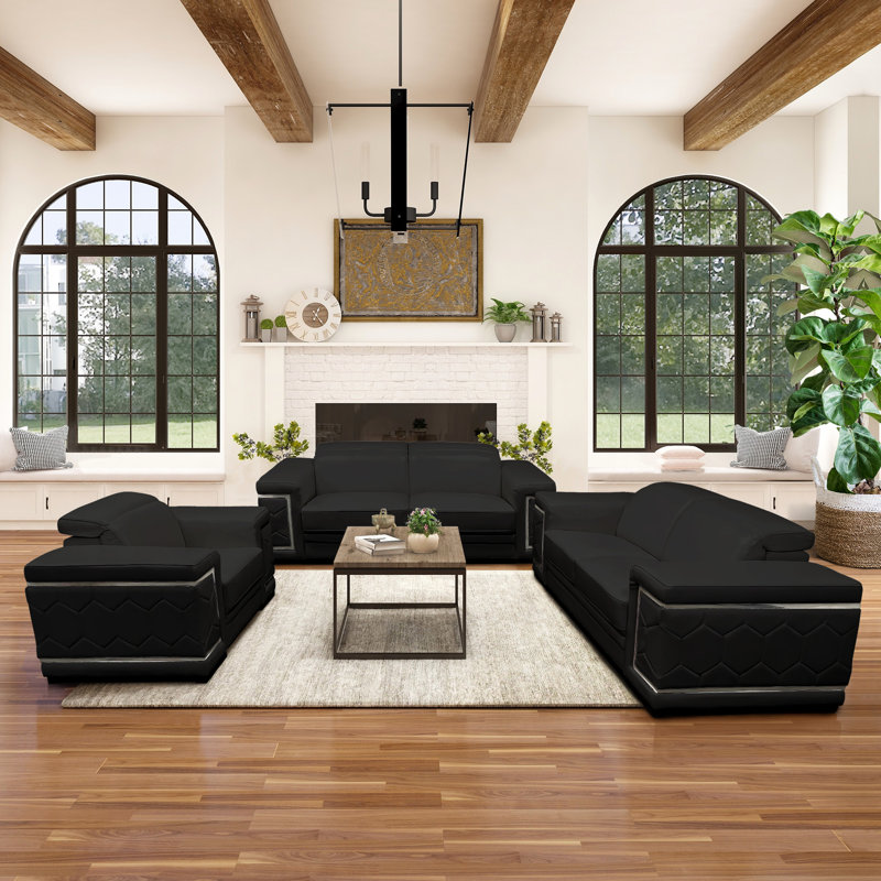 Orren Ellis Yurith 3 Piece Included Genuine Leather Configurable Living ...