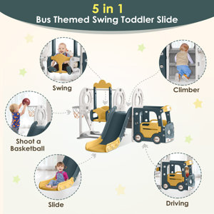 Suteck 5 in 1 Toddler Slide, Kids Slide with Climber,Bus Playhouse and ...