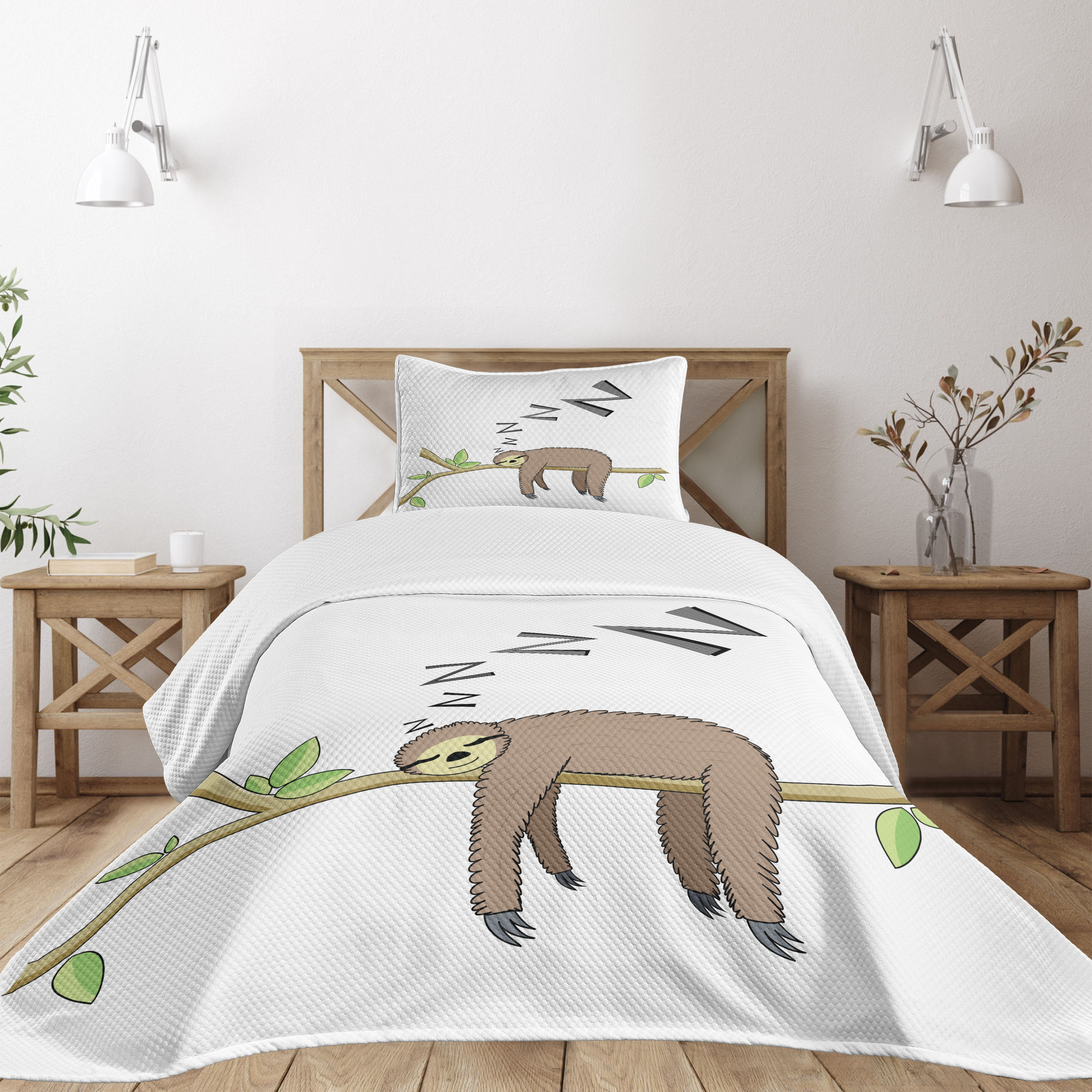 Ambesonne Sloth Bedspread Set Arboreal Mammal Sleeping Grey Green Brown ...