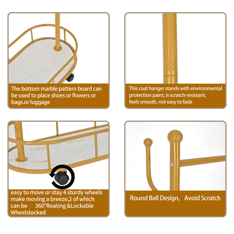 Mercer41 Gold Clothing Coat Rack With Wheels and Storage Basket (39 ...