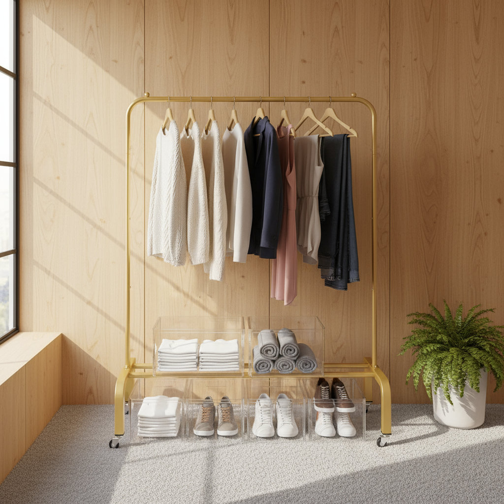 Rebrilliant This Metal Clothes Hanger With Wheels And A Bottom Shelf ...