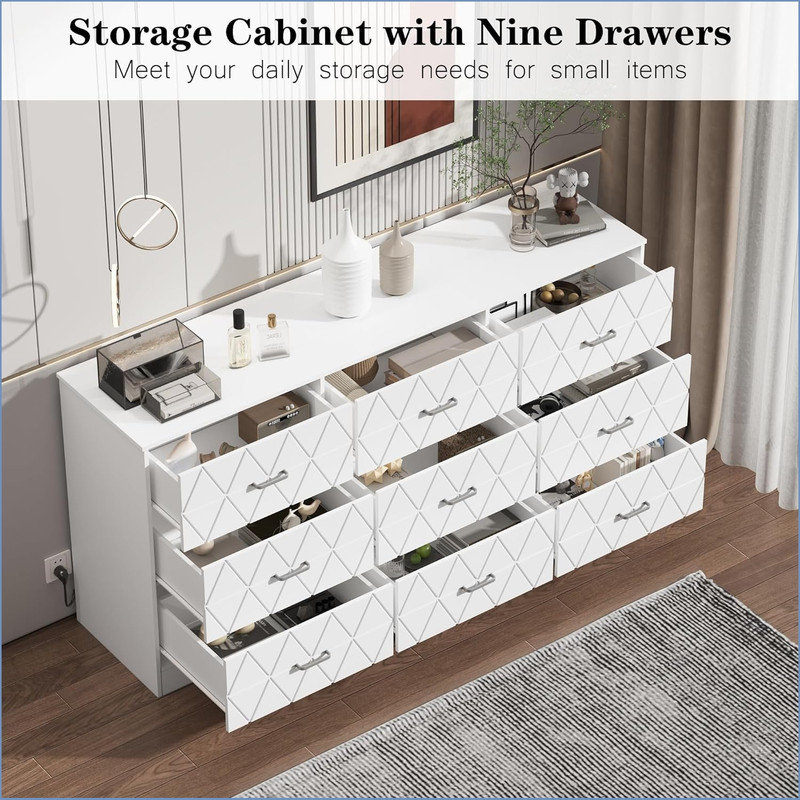 Ebern Designs 9 Drawer Dresser, 63'' Dresser for Bedroom with Power Outlet, Wide Drawer ...