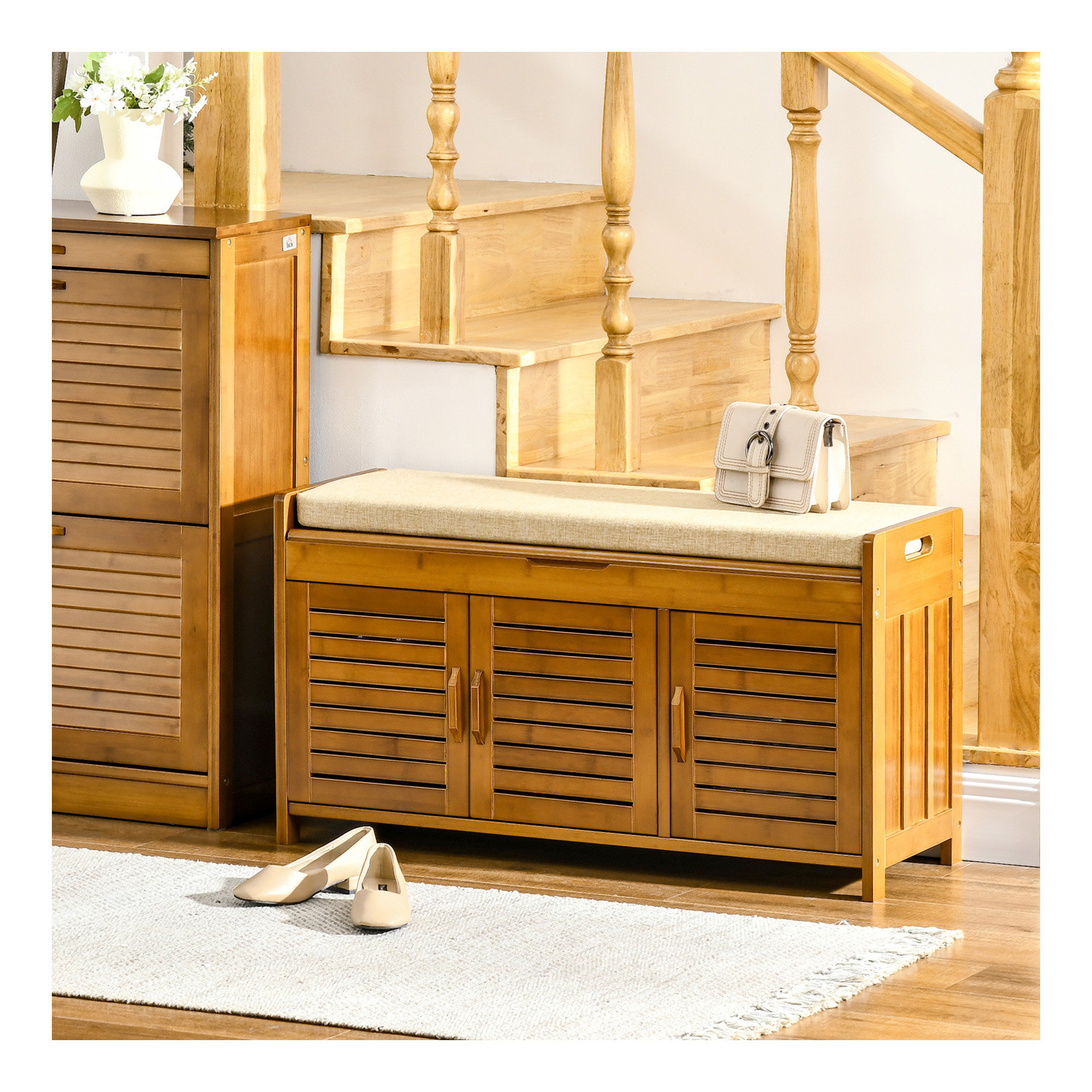 Canora Grey Shoe Bench with Storage Cabinets, Bamboo Entryway Bench ...