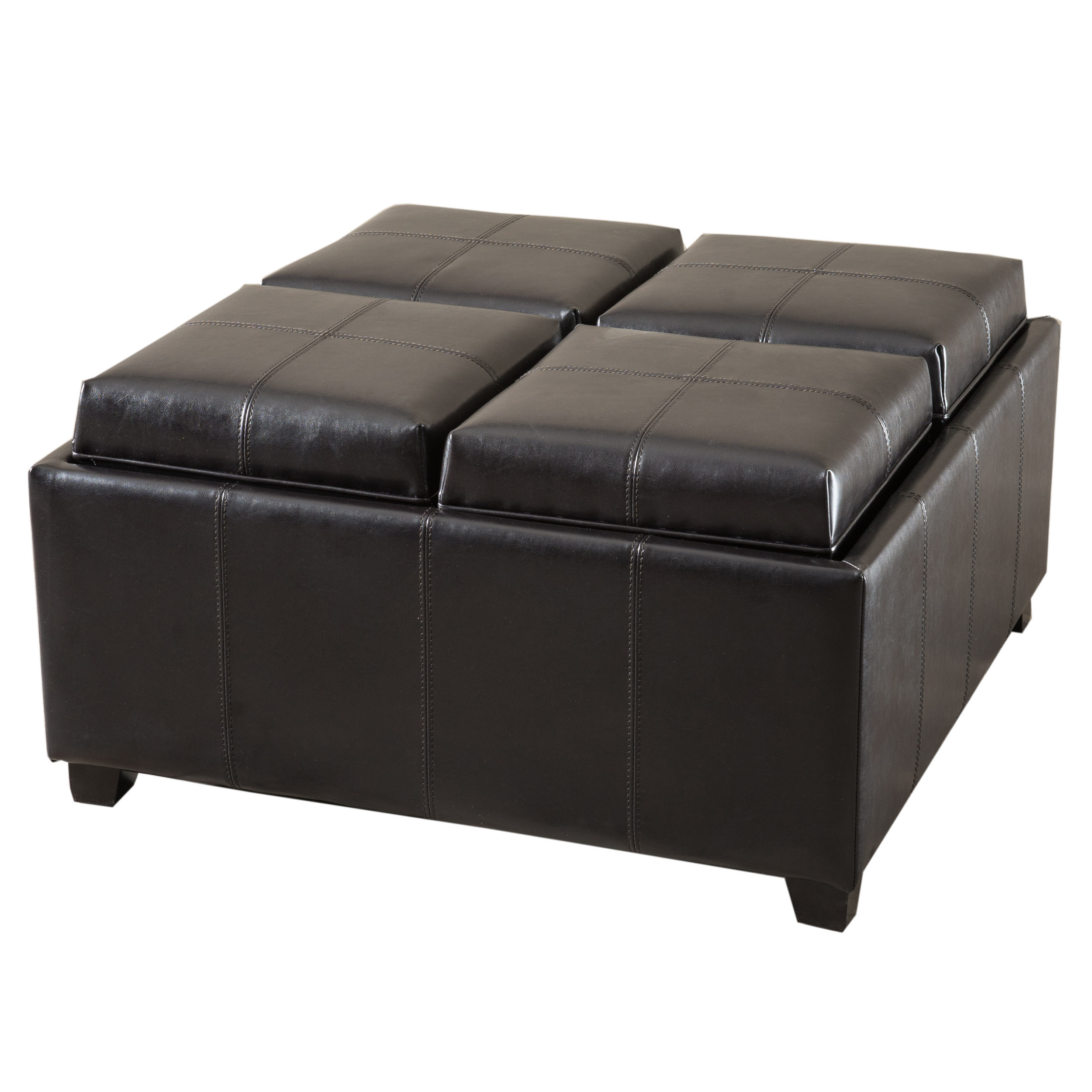 Hokku Designs Square Faux Leather Storage Ottoman, 4 Reversible Tray Tops with Hidden ...