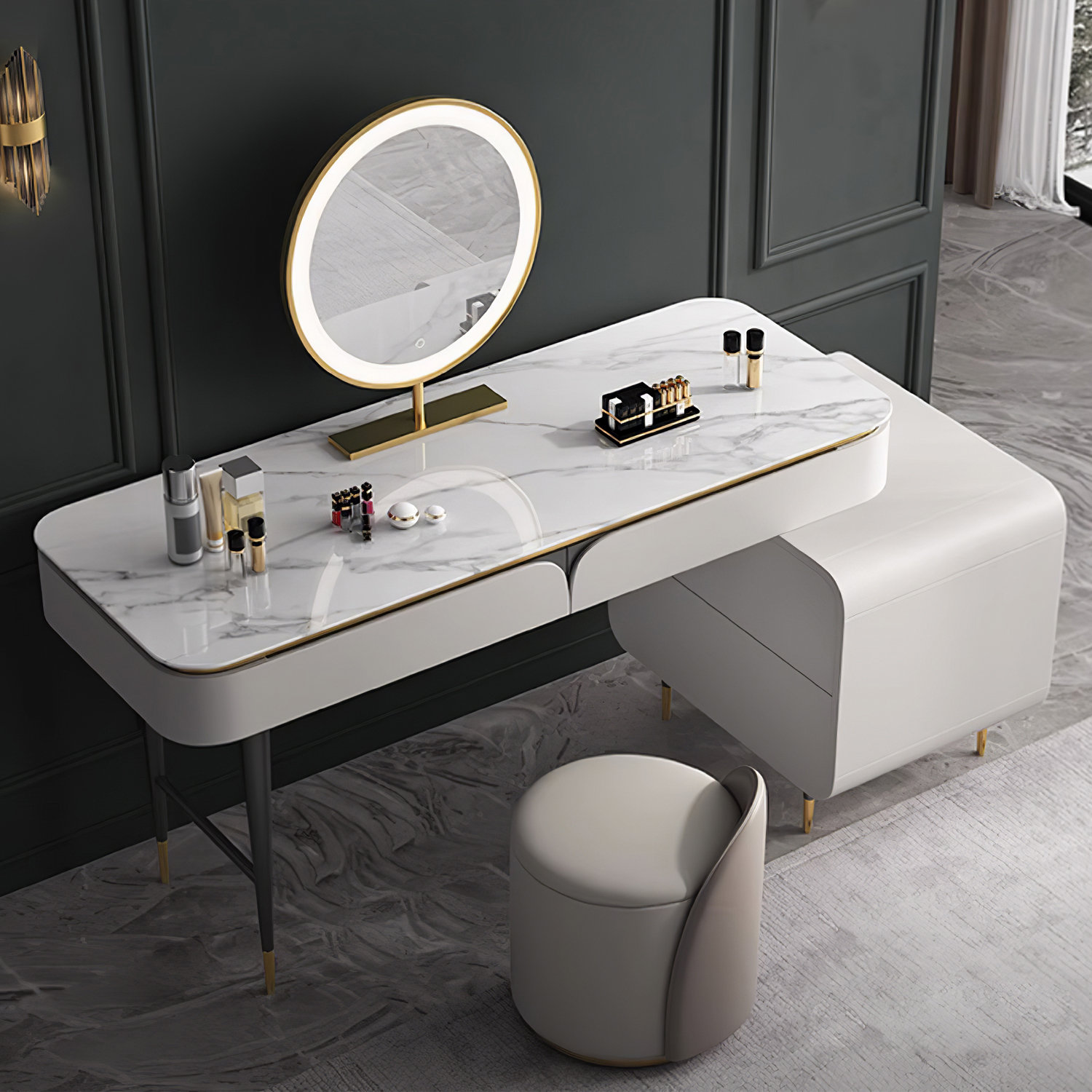 Orren Ellis 39,5 po, coiffeuse de luxe en pierre frittée avec miroir ...