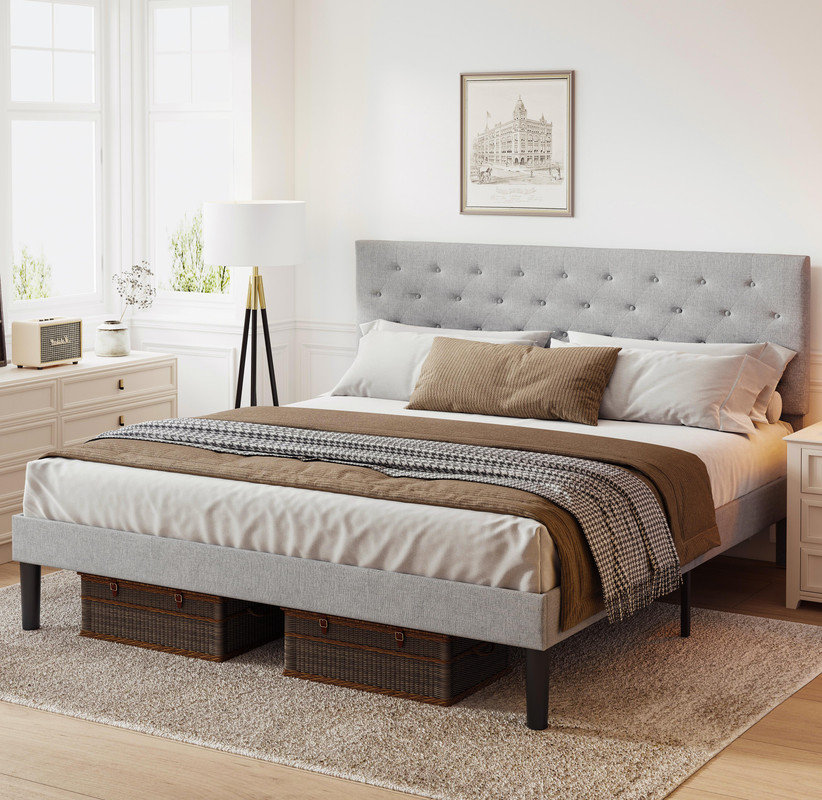Winston Porter Simple grey large bed frame with adjustable headboard ...