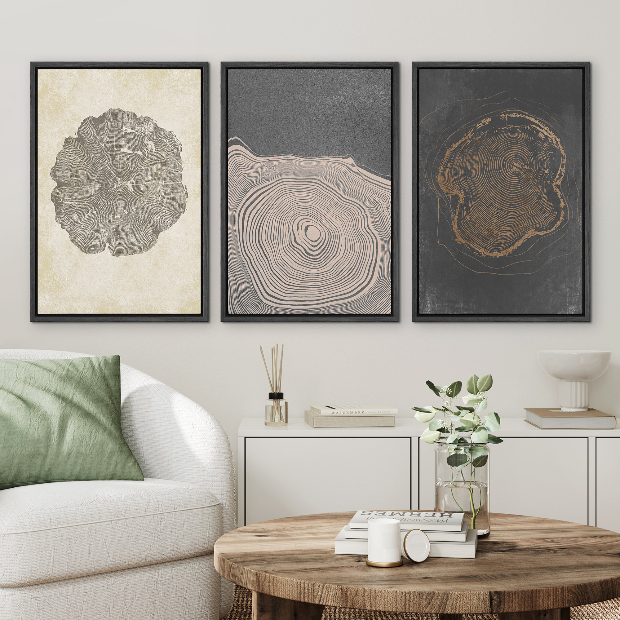 IDEA4WALL Pastel Gray Wood Tree Ring Neutral Minimalist Pictures Framed ...