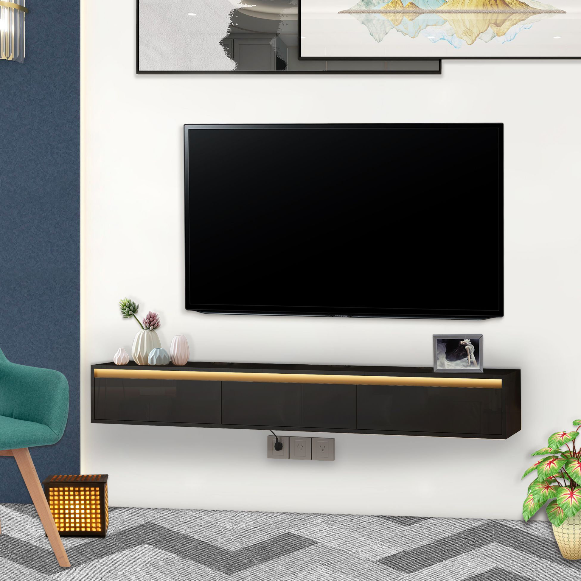 Wrought Studio Wall Mounted TV Shelf With Led Lights & Power Outlet,70 ...