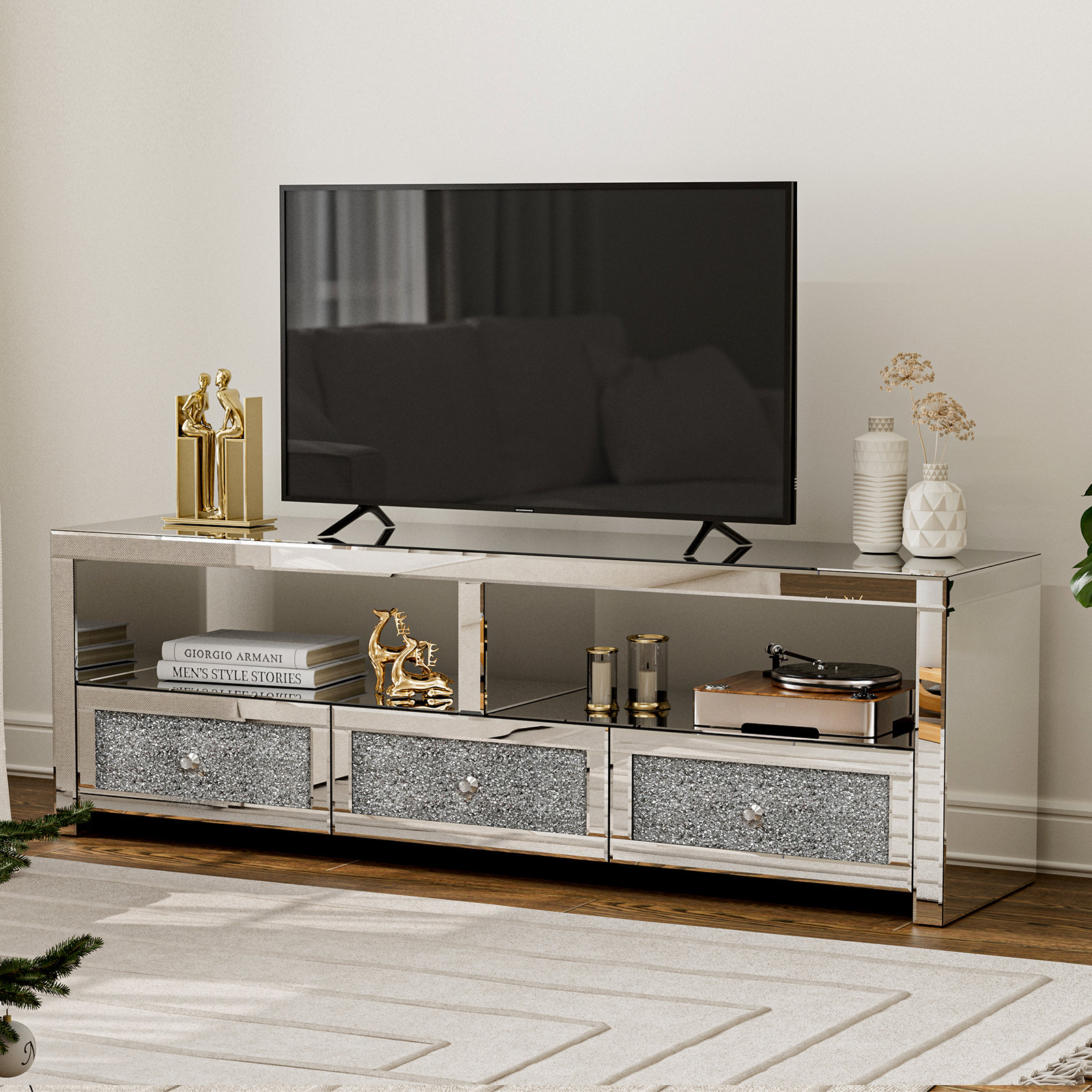 Mercer41 Mirrored Tv Stand For 65+ Inch Tv, Silver Entertainment Center ...