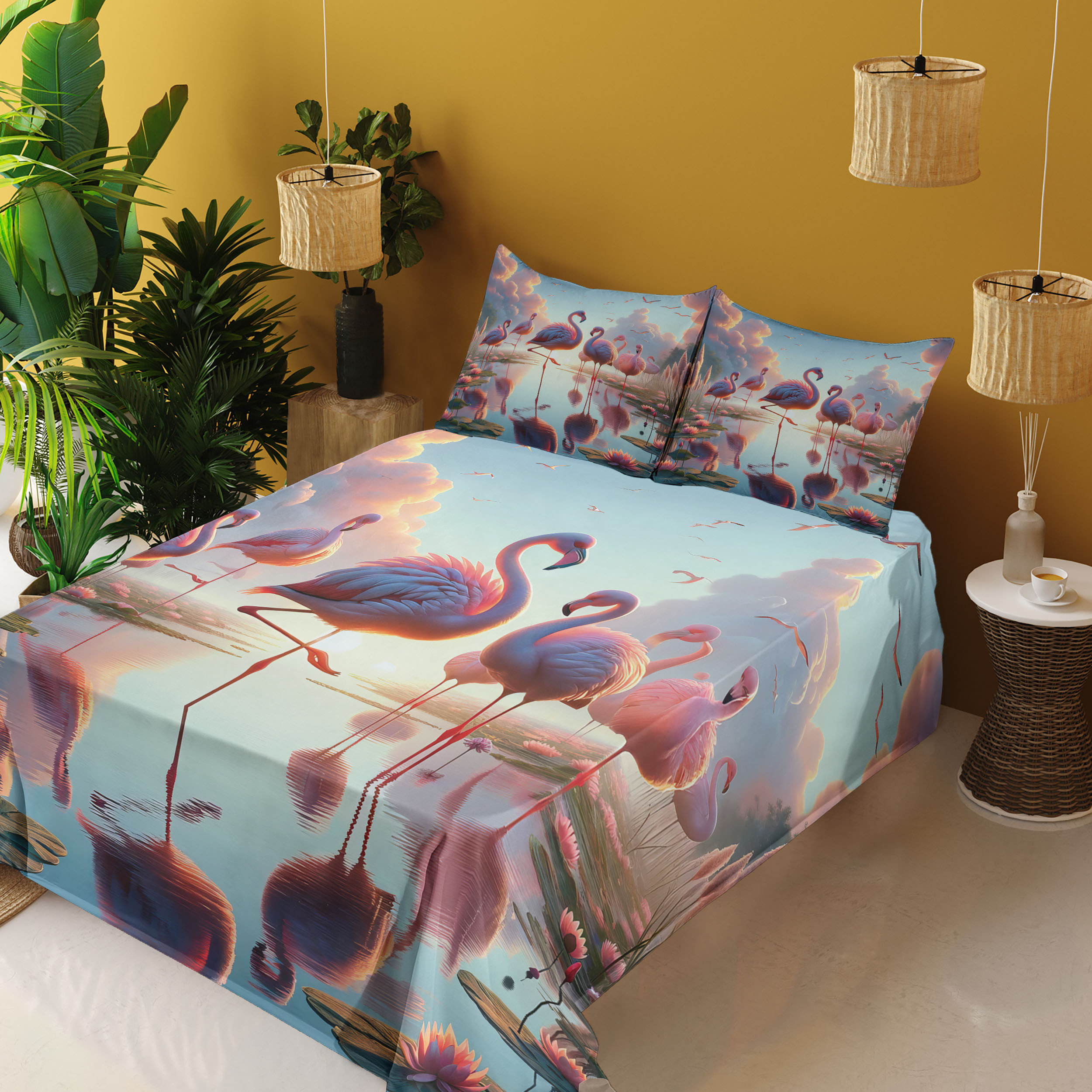 Ambesonne Flamingo Sheet Set Blush Atmosphere Birds Pale Pink Soft Blue ...