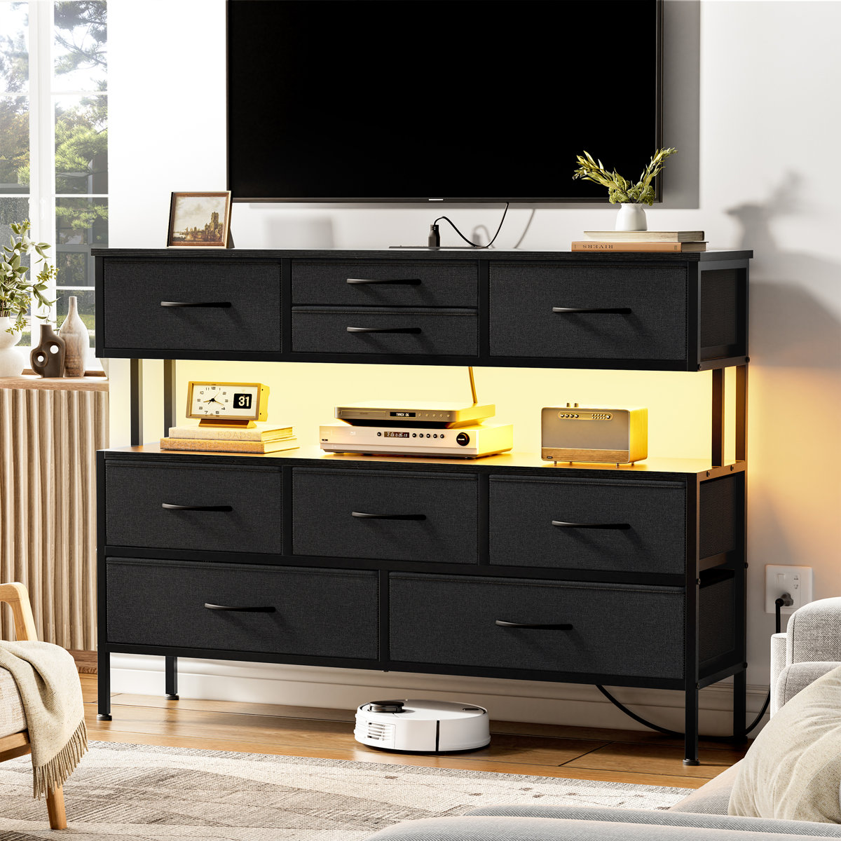 Ebern Designs Cheo 9 - Drawer Dresser With Power Outlet & LED,55” TV ...