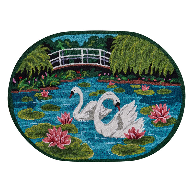 Peking Handicraft Swans with Lotus Flower Wool Hook Rug | Wayfair