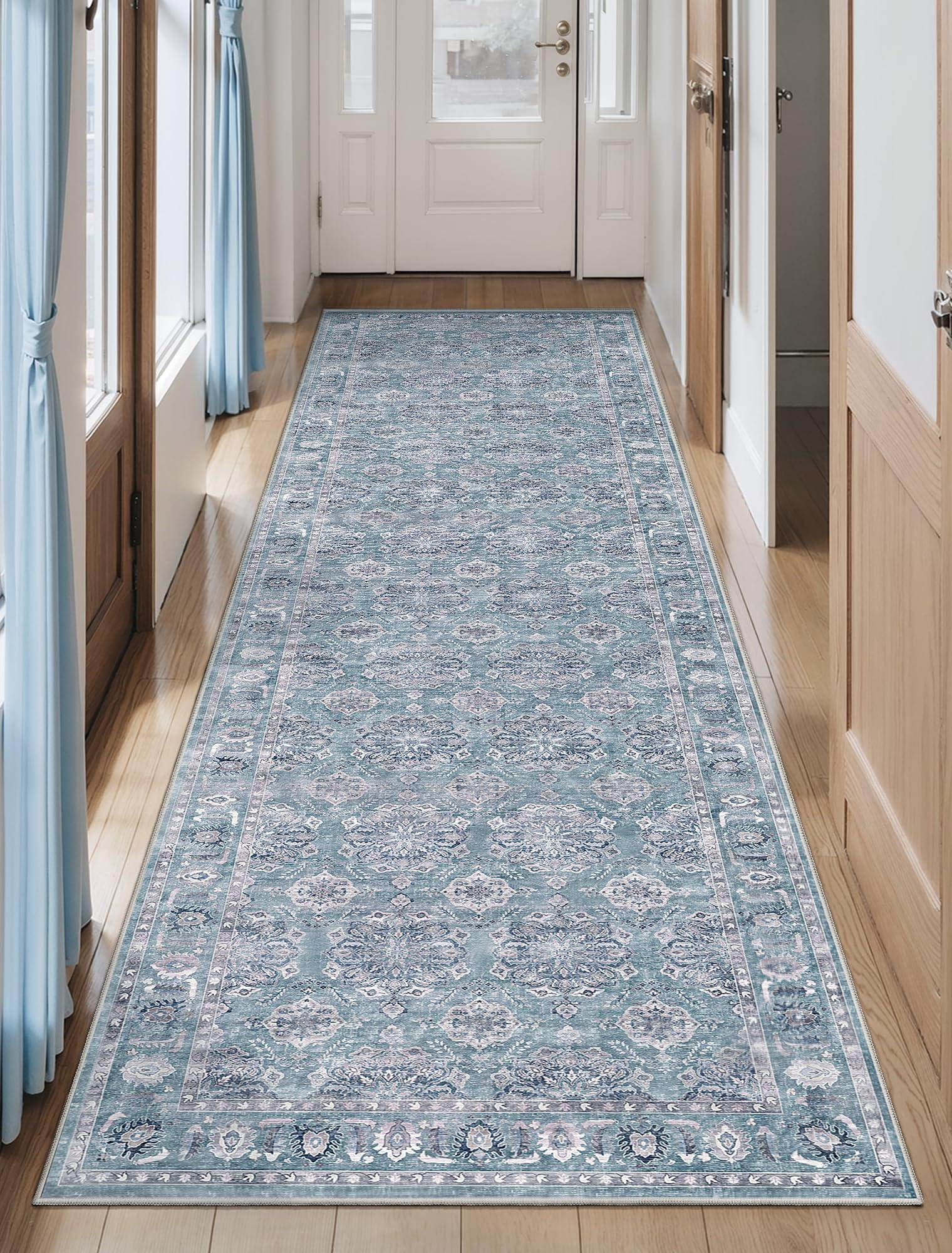 VOMGEB1 96"x 31" Non-Slip Vintage Floral Distressed Blue Grey Carpet ...