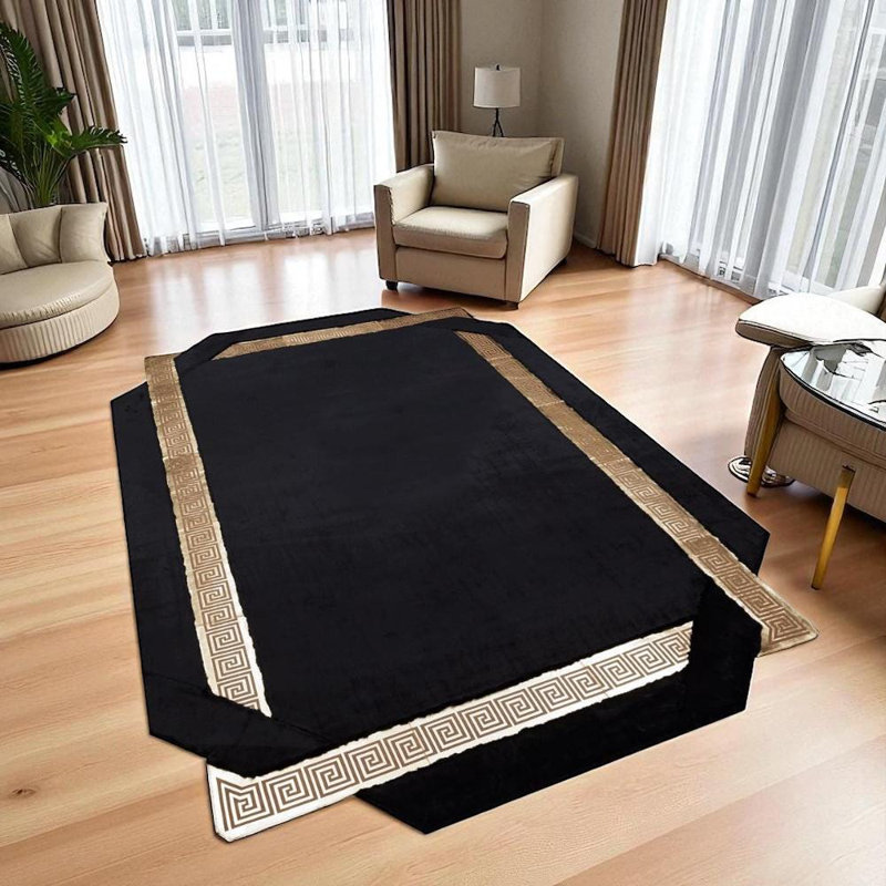Bungalow Rose Black Gold Greek Border Plush Rug, Custom Size Soft ...