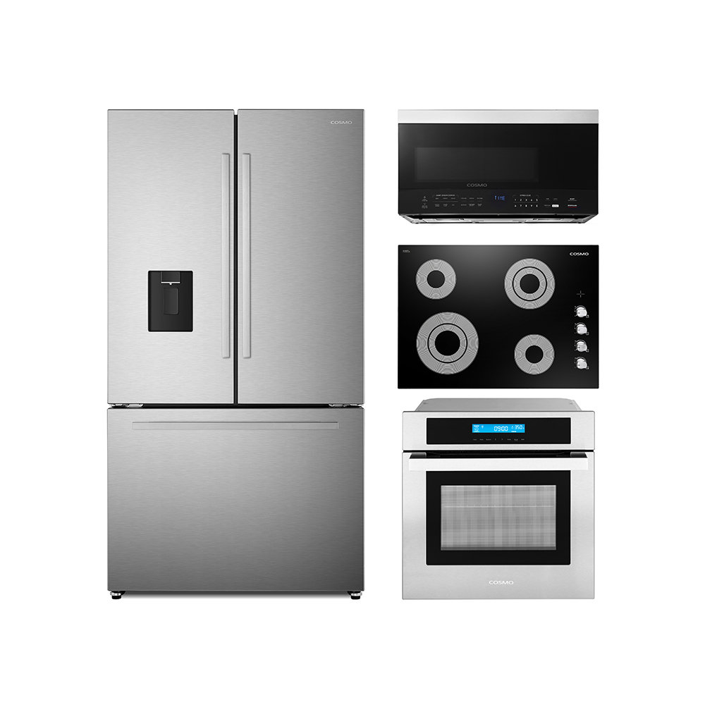 Cosmo 4 Piece Kitchen Appliance Package with French Door Refrigerator , 30'' Electric Cooktop ...