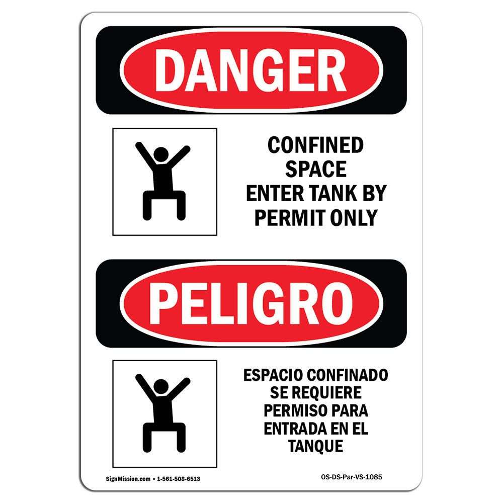 SignMission OSHA Danger Confined Space Enter Tank Permit Bilingual Sign ...