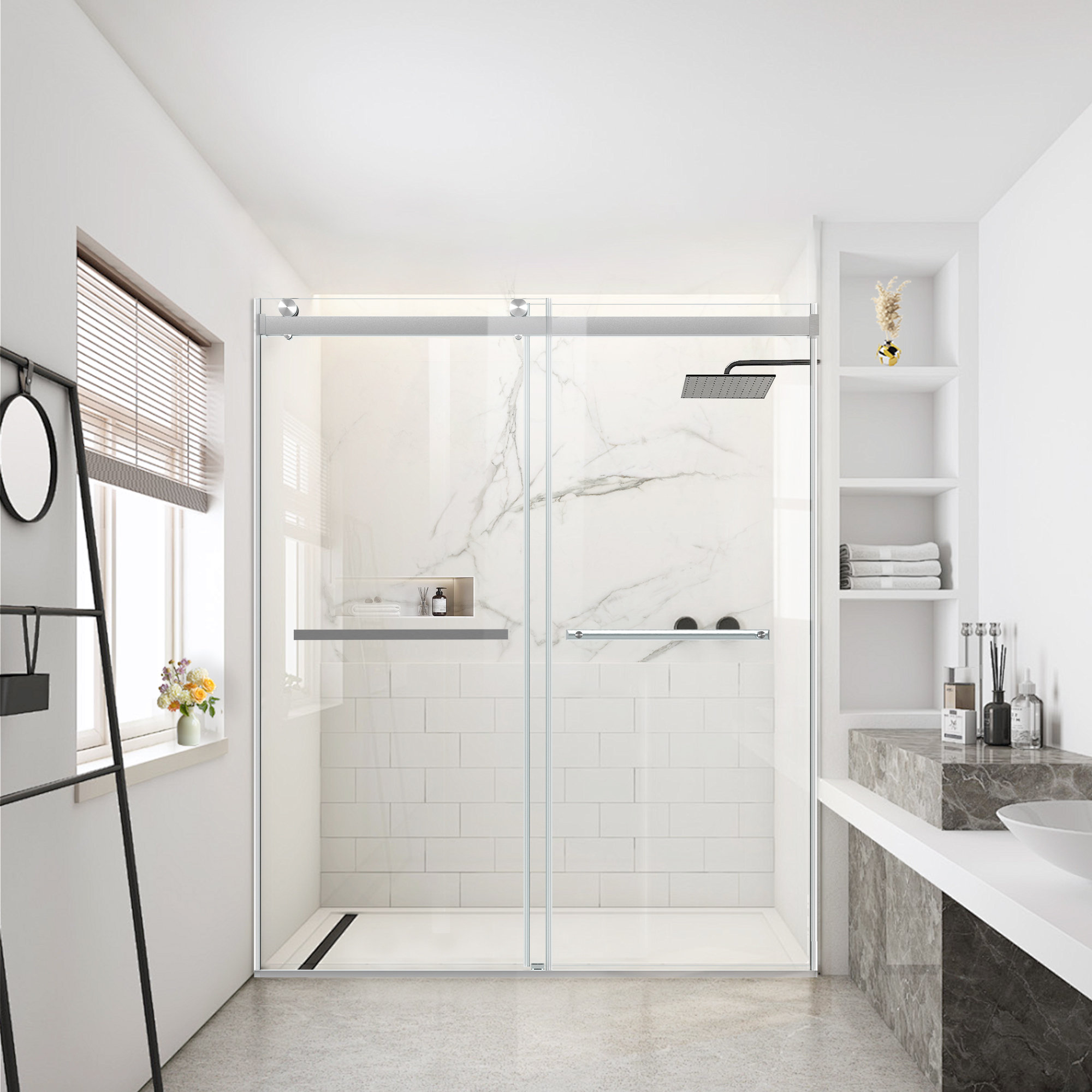 AquivaCoast 60" W x 74" H Frameless Double Sliding Walk-in Shower Door ...