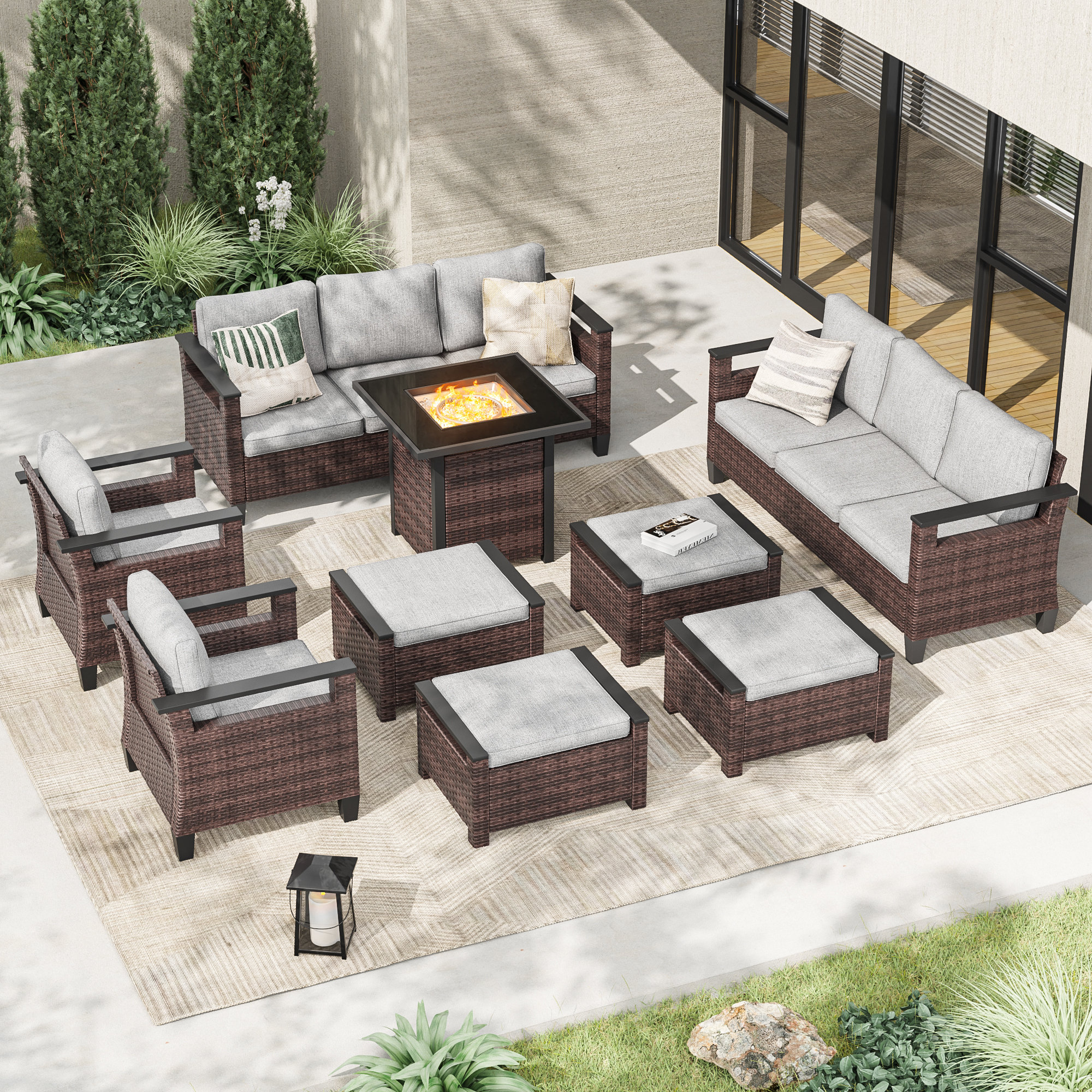 ACEGOSES 9 Piece Patio Rattan Conversation Set with 28'' Square Firepit ...