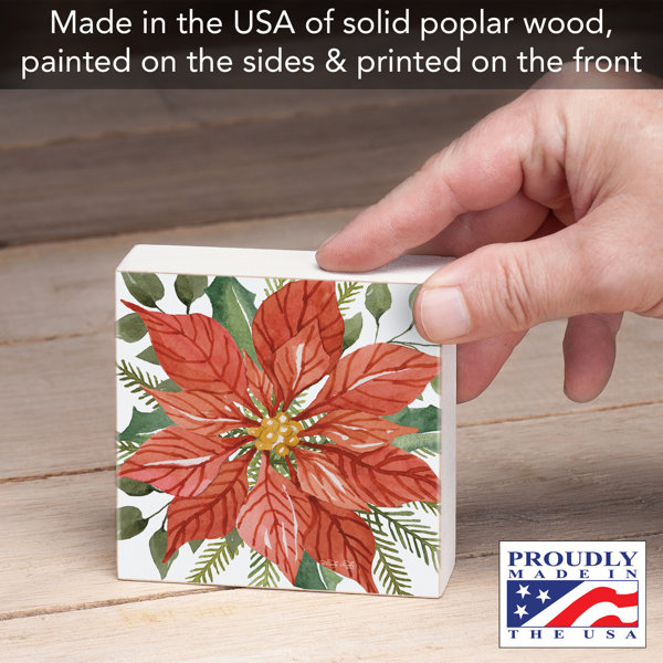 The Holiday Aisle® Poinsettia Freestanding Solid Wood Block Sign | Wayfair