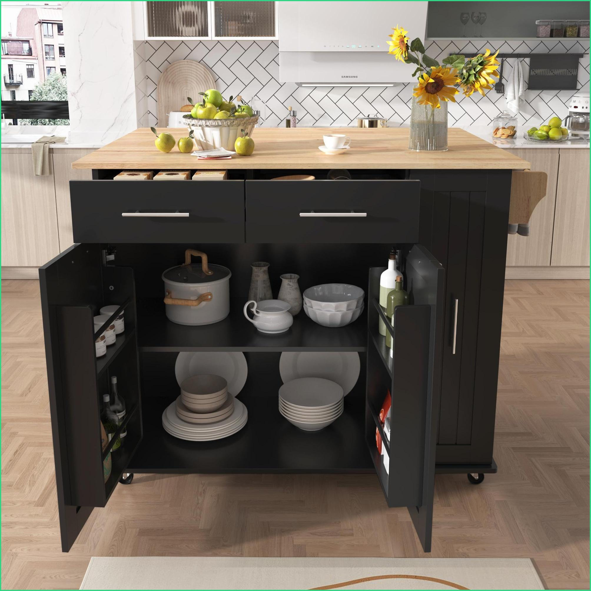 Latitude Run® Farmhouse Kitchen Island with Drop Leaf, Storage Cart on ...