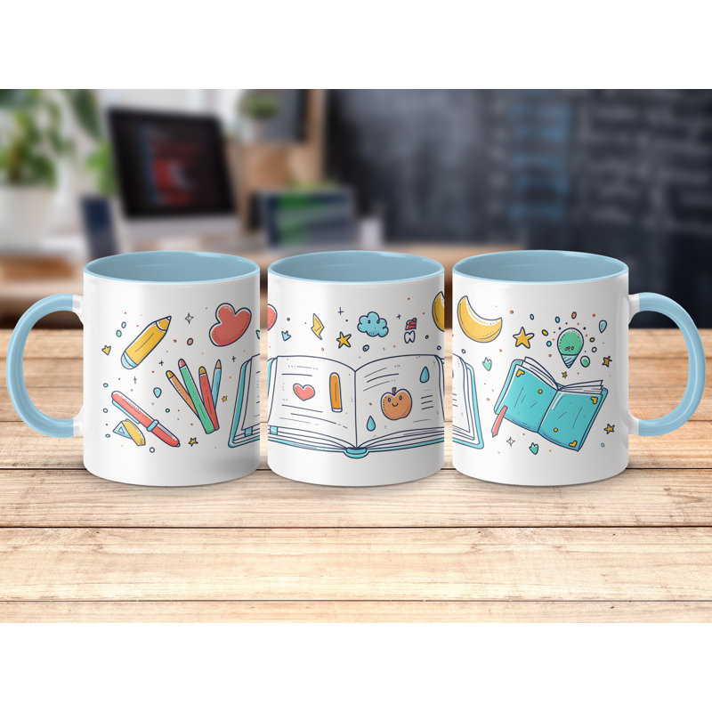 East Urban Home Kids Drawing Style 11oz Accent Mugs – White Ceramic ...
